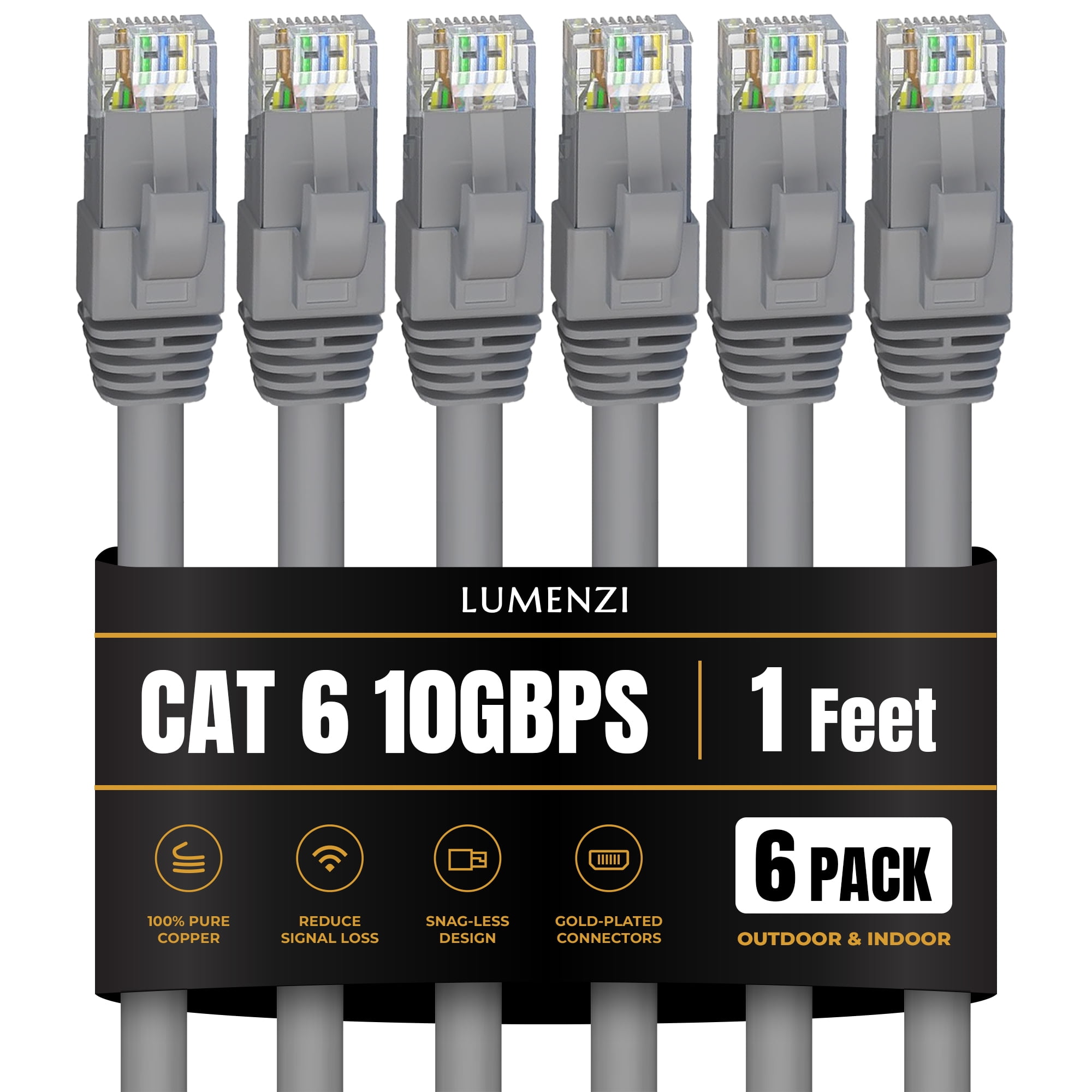 Cat 6 Ethernet Cable 1 FT in Grey 6 Pack 10 Gbps Speed Network Short ...