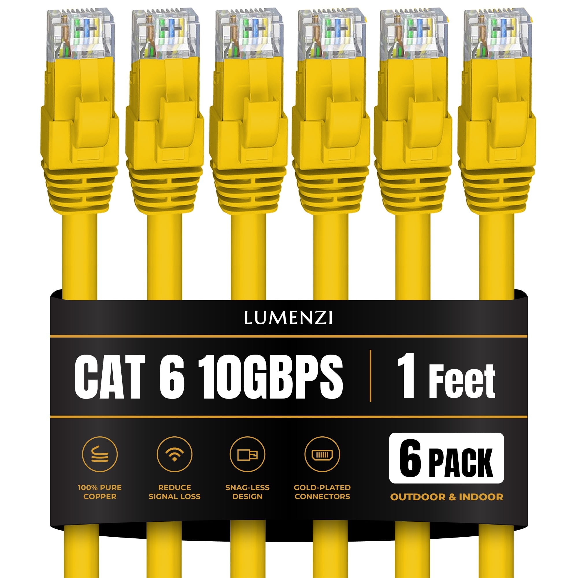 Cat 6 Ethernet Cable 1 FT in Yellow 6 Pack 10 Gbps Speed Network Short Round Rj45 Outdoor Indoor ...