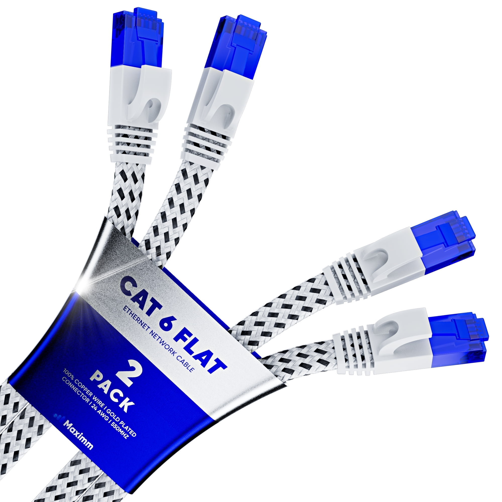Cat 6 Ethernet Cable, 1 ft, 2 Pack Easy-Hide Flat Super-Durable White ...