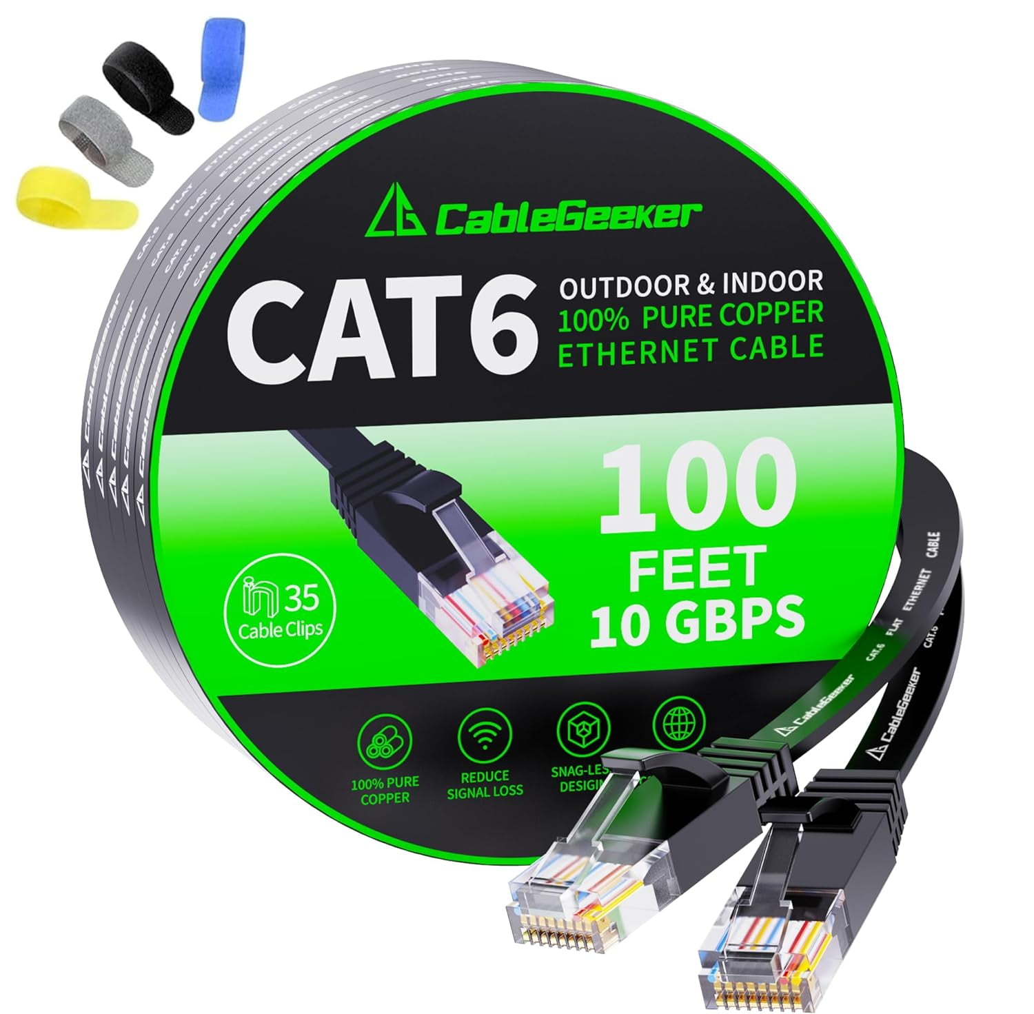 Cat 6 Ethernet Cable 100 ft, Indoor&Outdoor, High Speed 10Gbps Flat ...