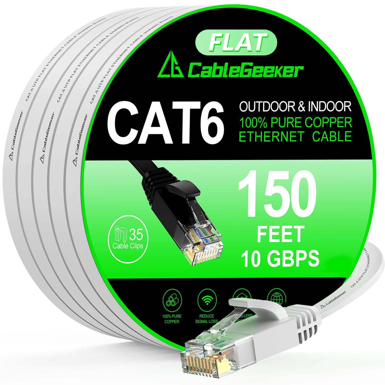 Cat 6 Ethernet Cable 150 ft, Indoor&Outdoor, High Speed 10Gbps Flat ...