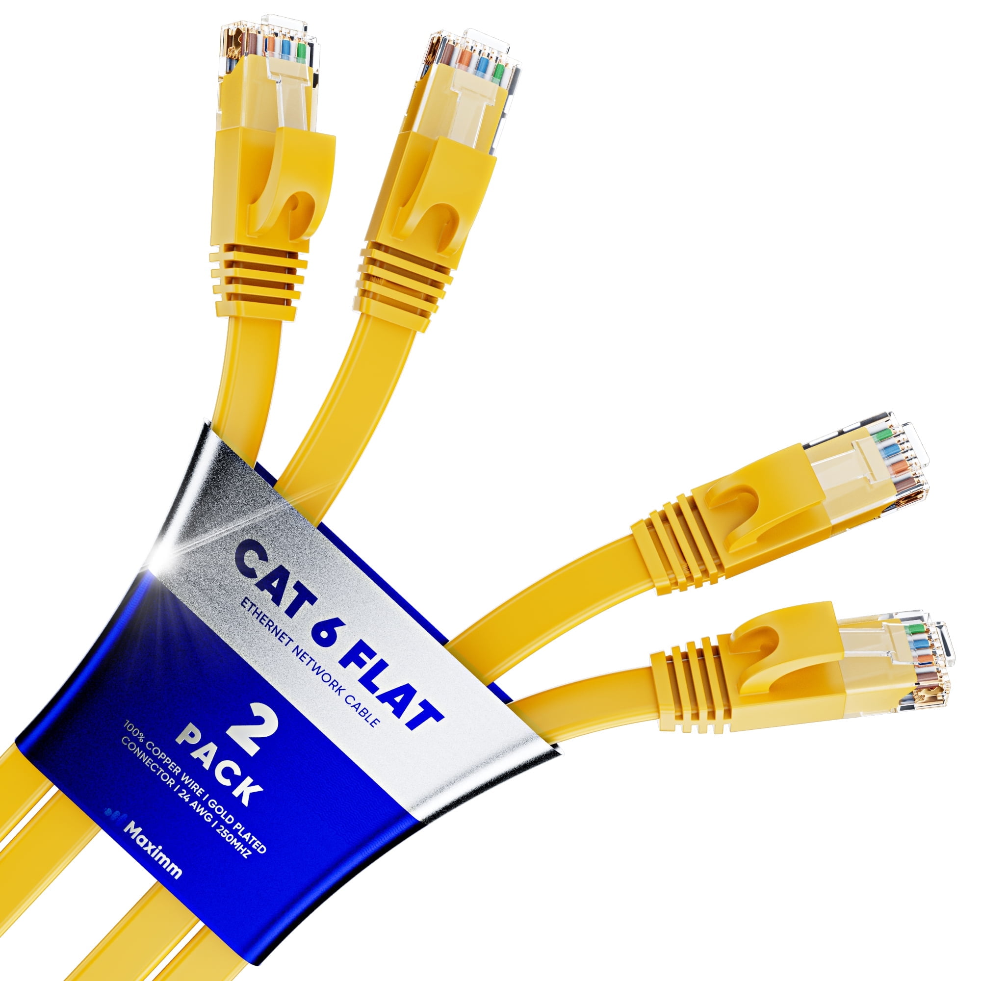 Cat 6 Ethernet Cable 25 ft, Flat Wire, (2 Pack) Yellow, Cat6 Cable ...