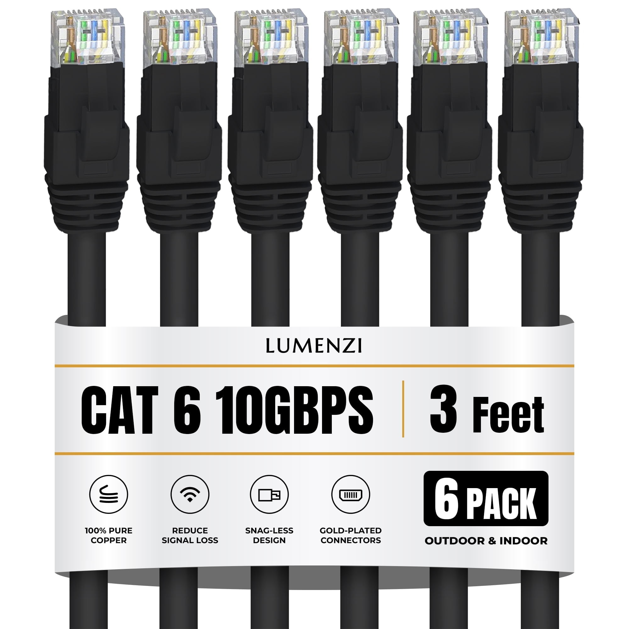 Cat 6 Ethernet Cable 3 FT in Black 6 Pack 10 Gbps Speed Network Short ...