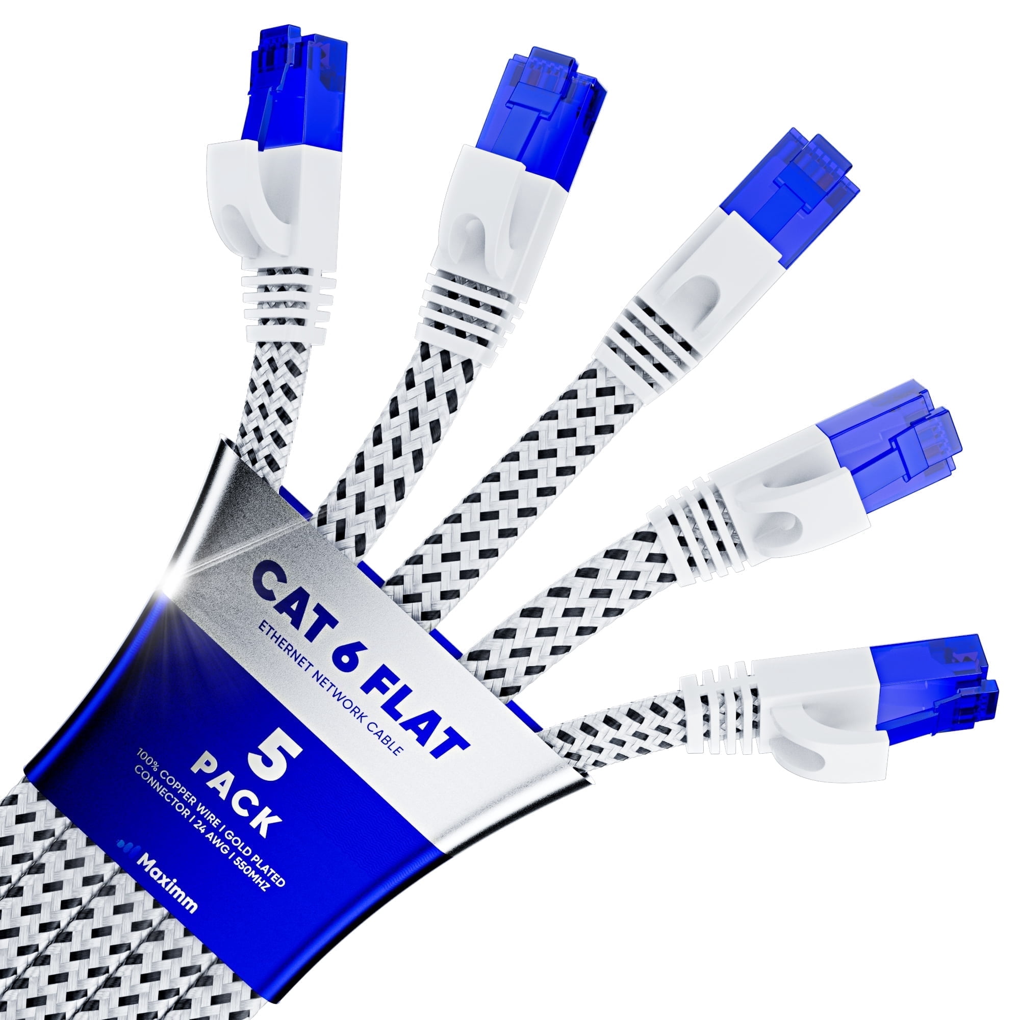 Cat 6 Ethernet Cable, 3 ft, 5 Pack Easy-Hide Flat Super-Durable White ...