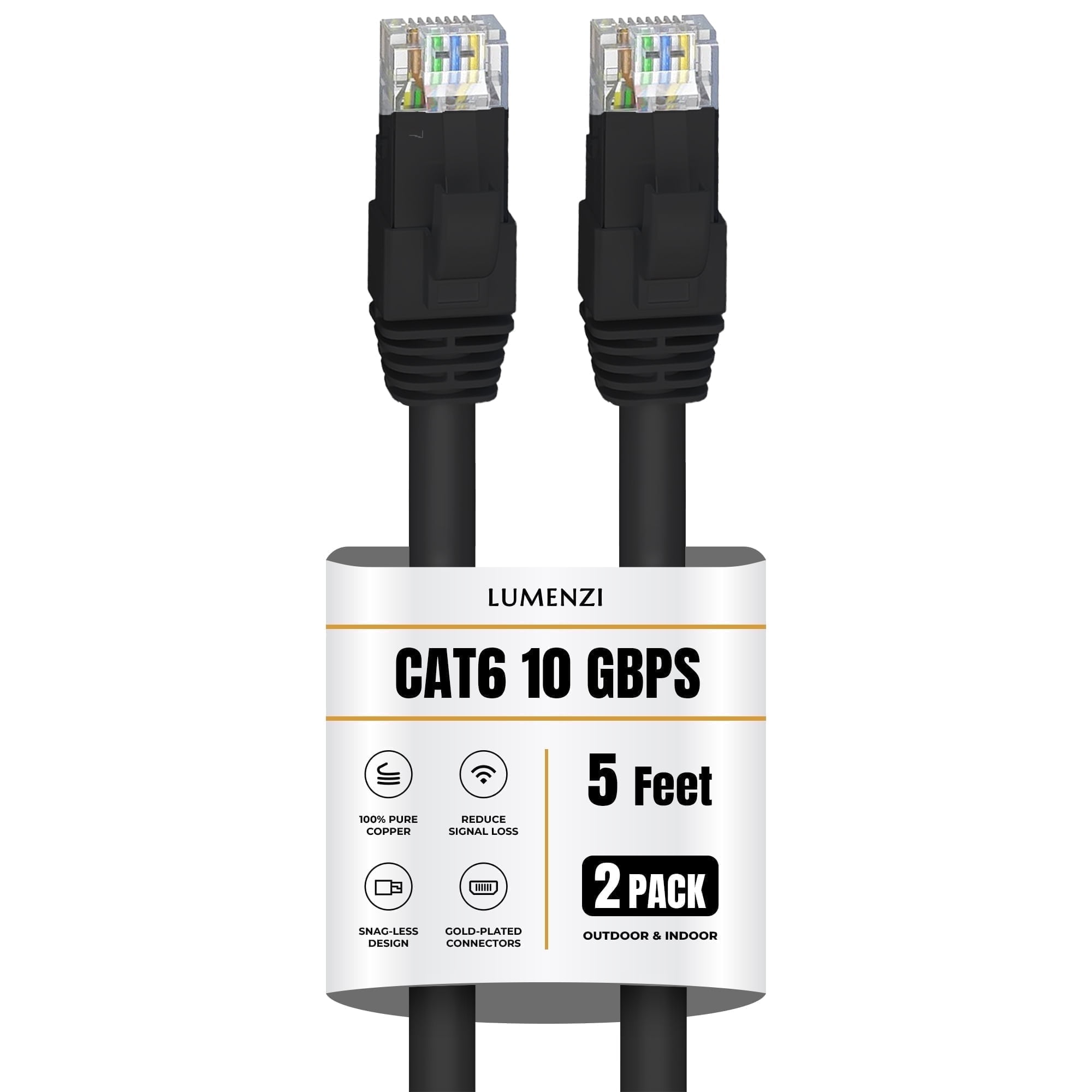 Cat 6 Ethernet Cable 5 FT in Black 2 Pack 10 Gbps Speed Network Round ...