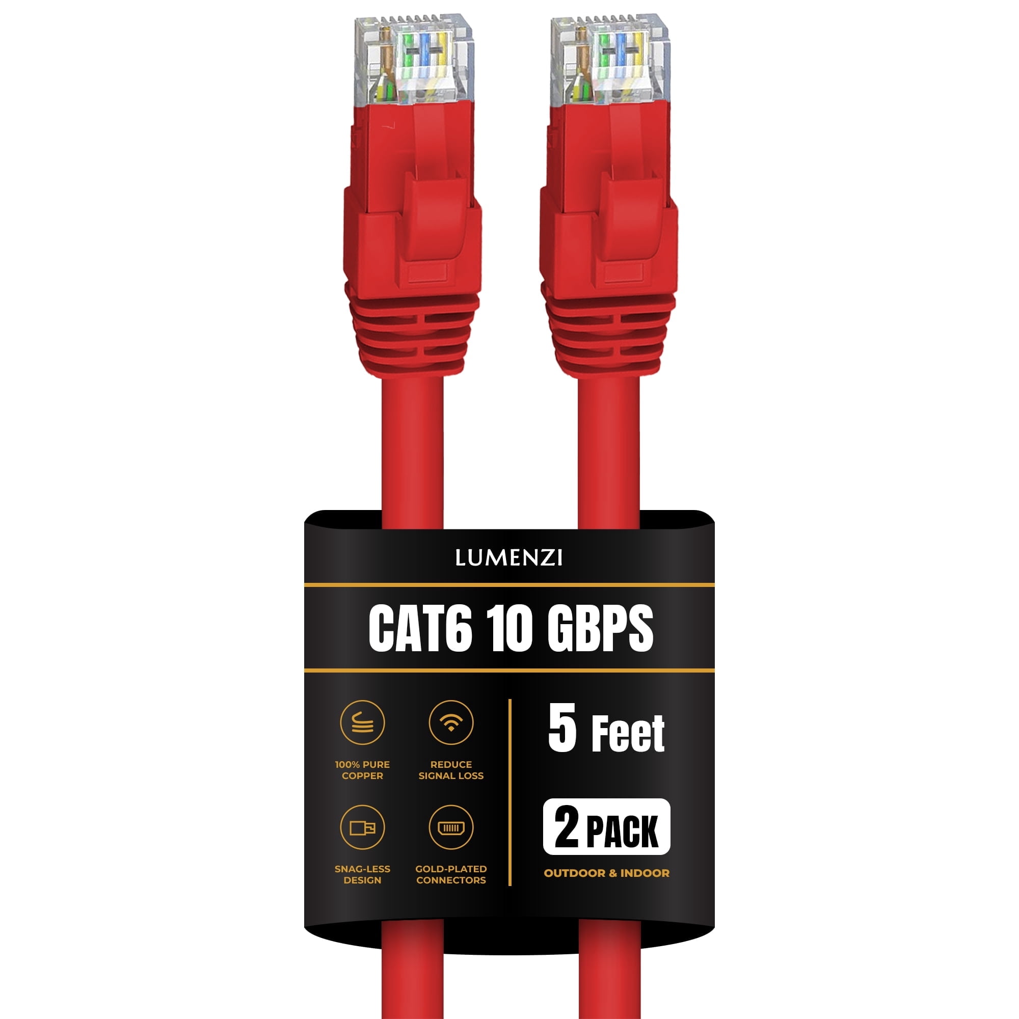 Cat 6 Ethernet Cable 5 FT in Red 2 Pack 10 Gbps Speed Network Round ...