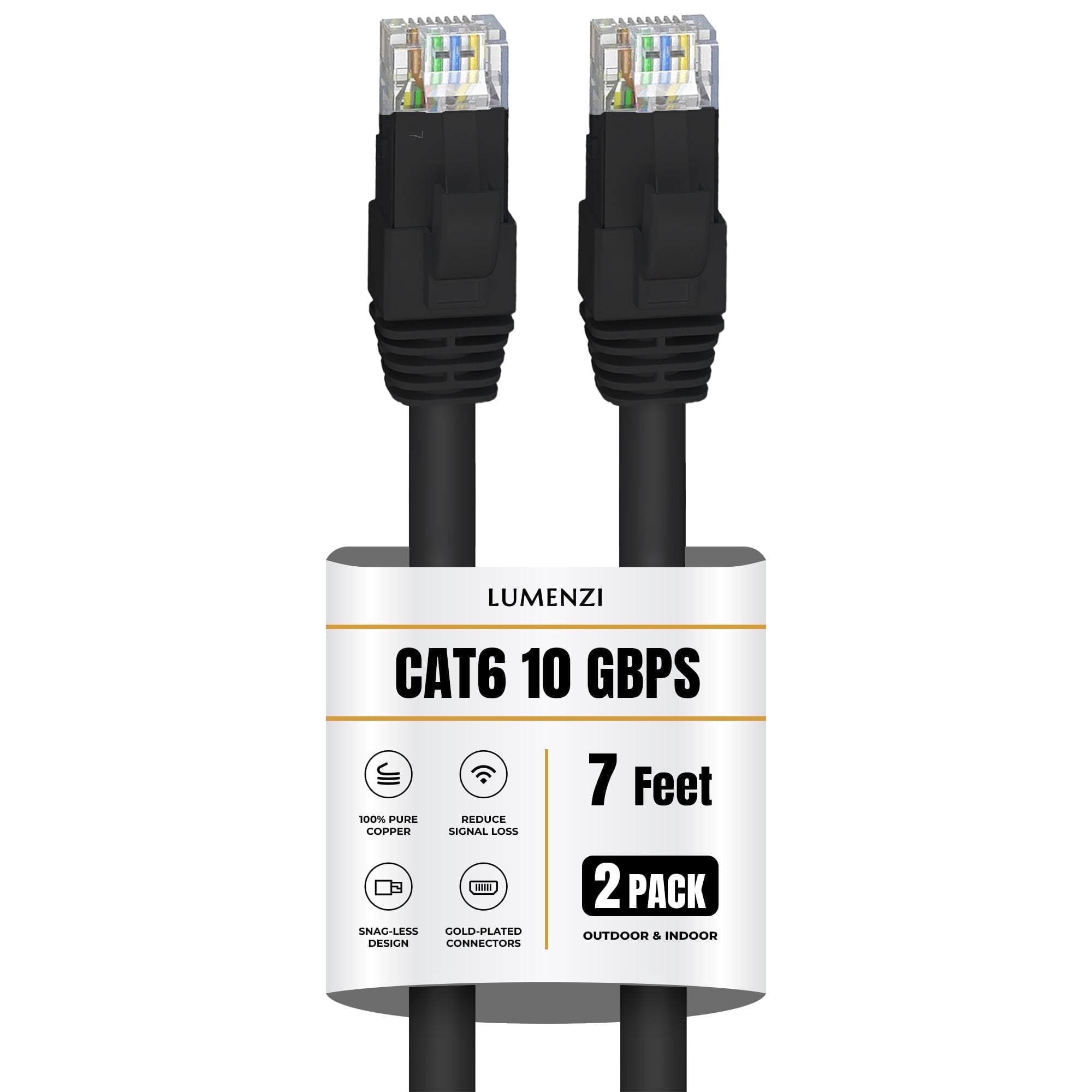 Cat 6 Ethernet Cable 7 FT in Black 2 Pack 10 Gbps Speed Network Round ...
