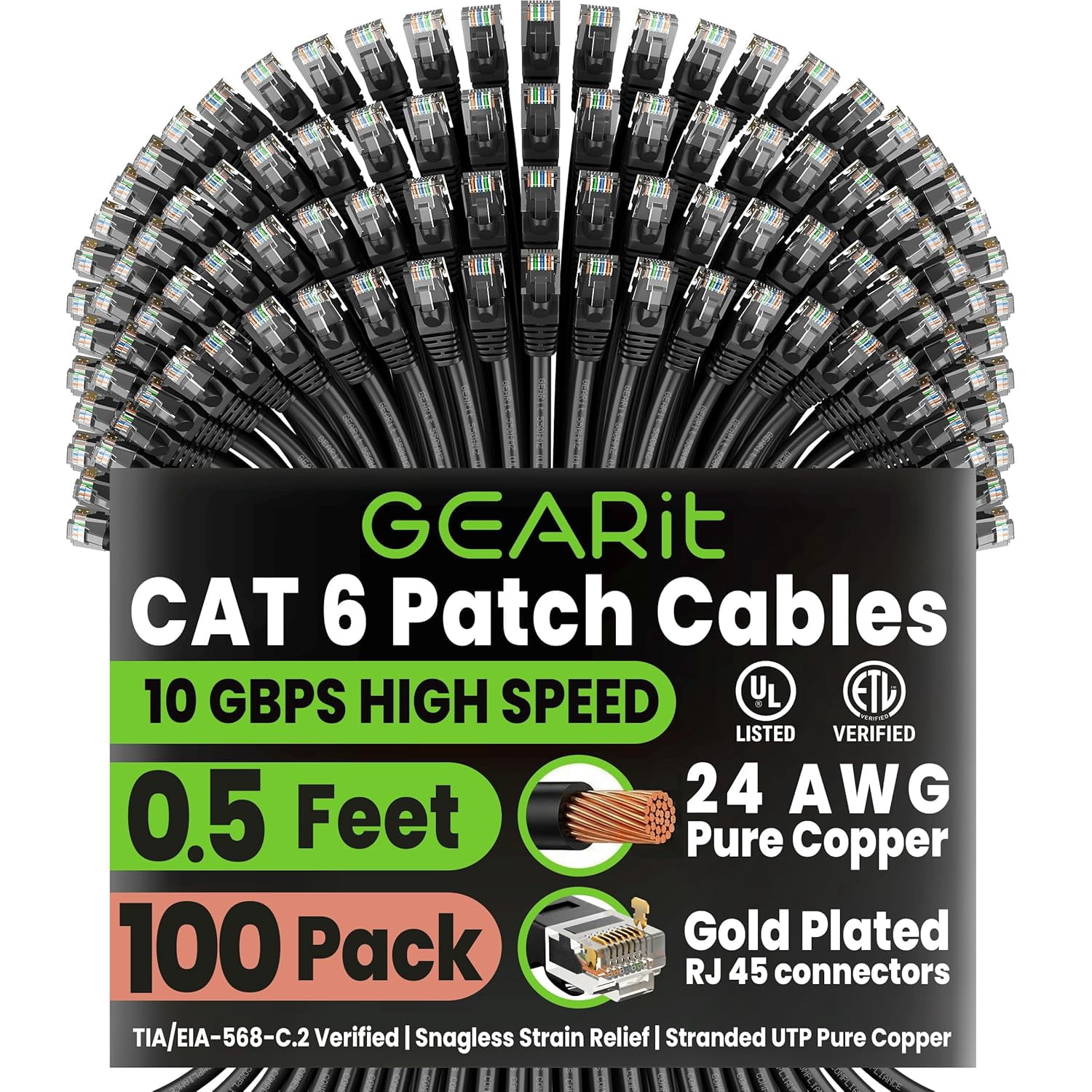 Cat 6 Ethernet Cable Pack - 100-Pack 0.5 ft Cat6 Ethernet Patch Cables ...