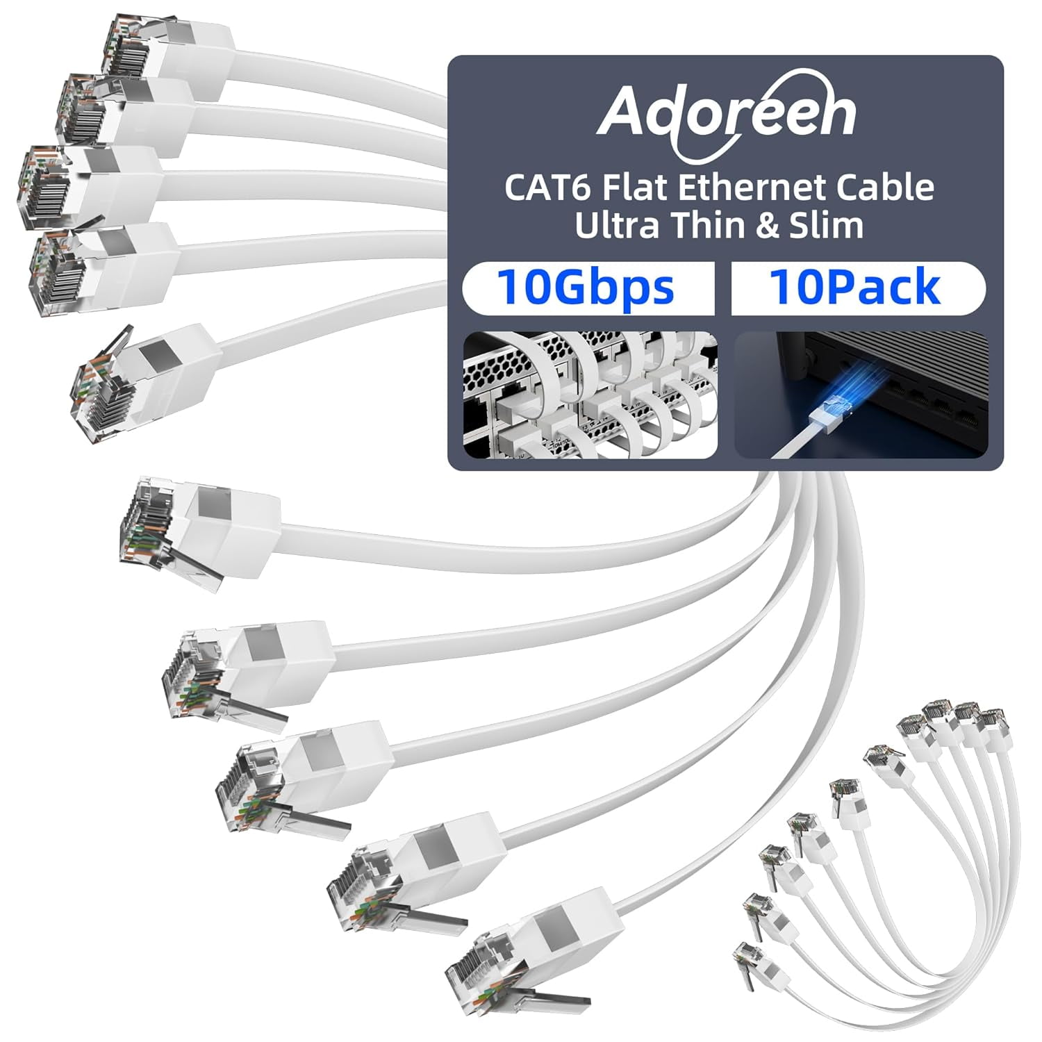 Cat 6 Flat Ethernet Cable 0.6 Ft/10 Pack, High-Speed Internet Network ...