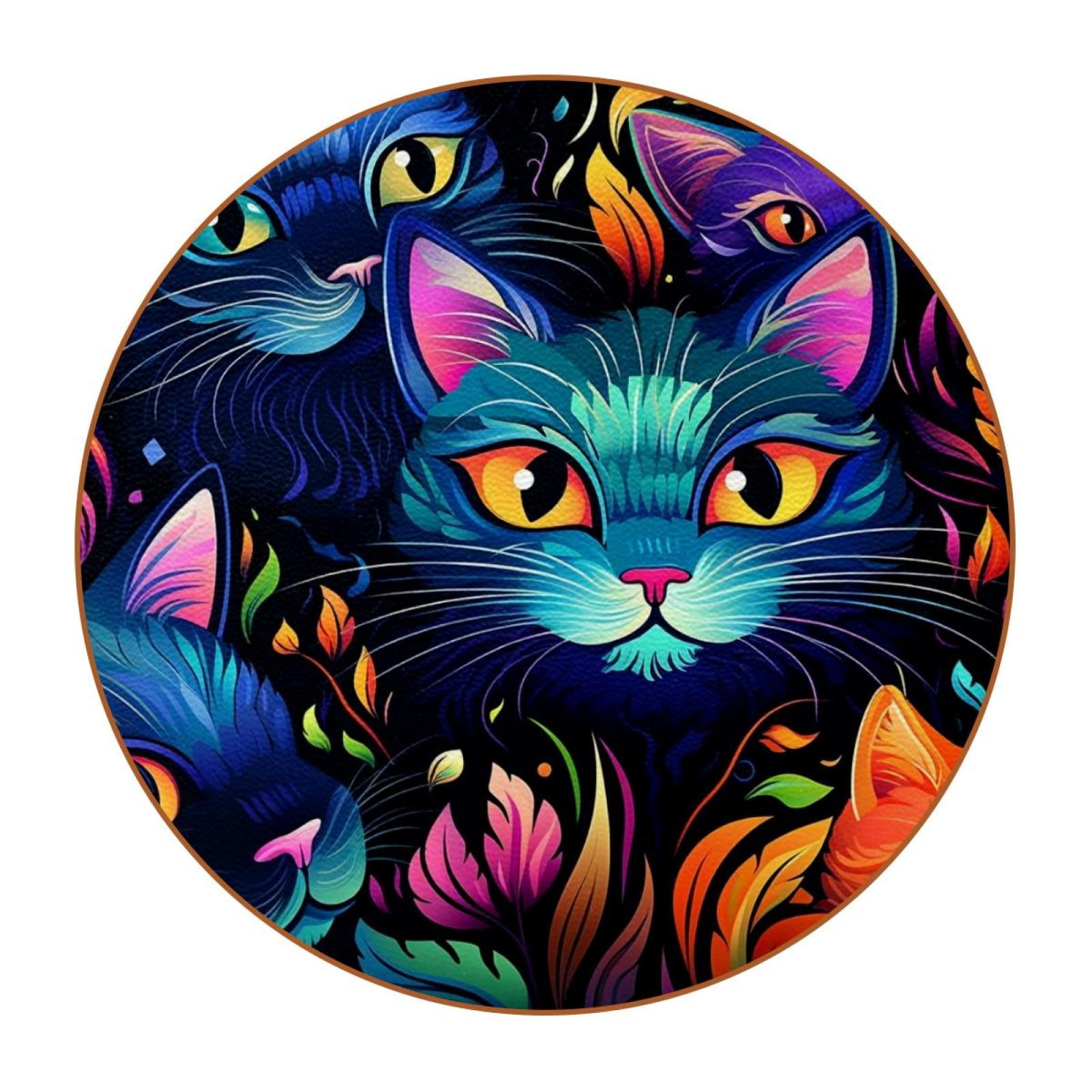 Cat 6pcs Round Coasters Set, Microfiber Leather Drink Coasters, 11x11cm ...