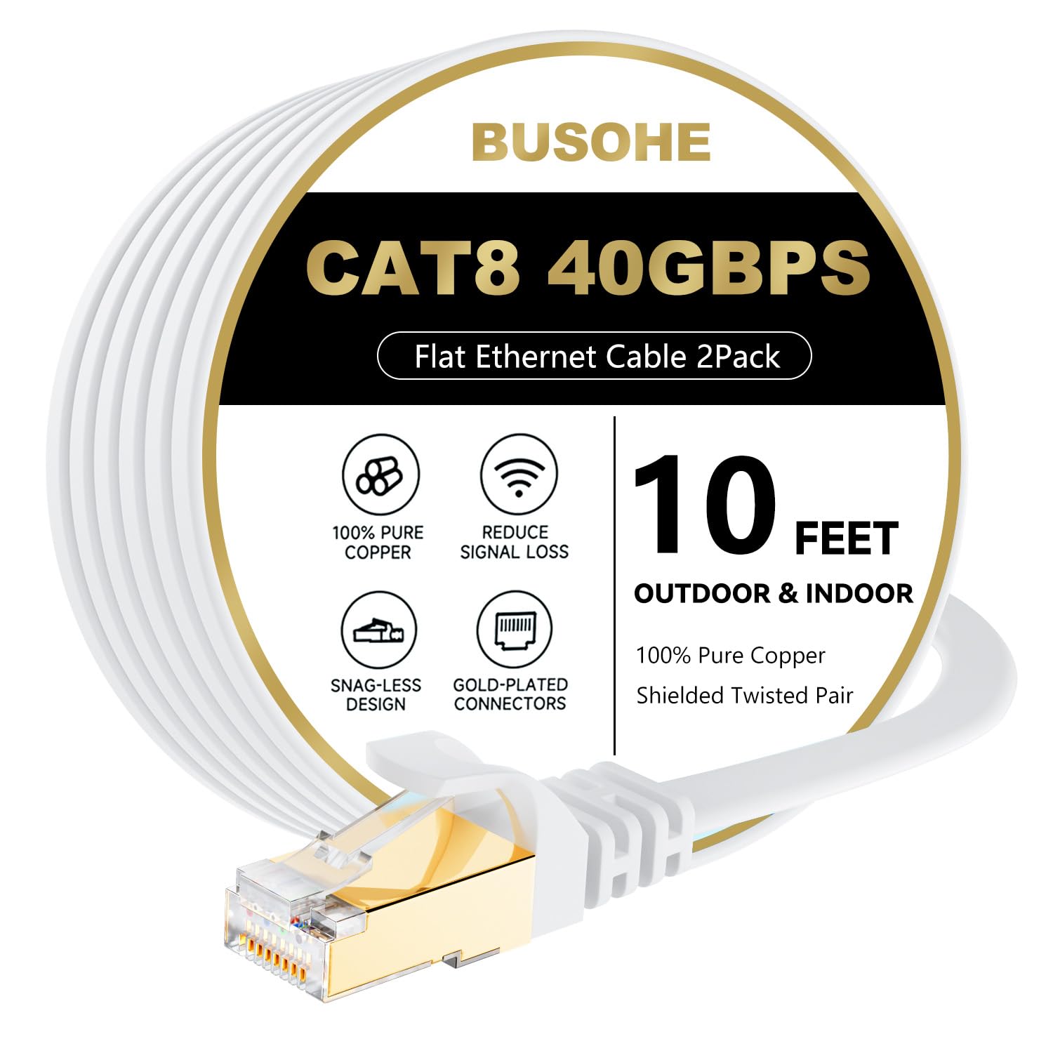 Cat 8 Ethernet Cable 10 FT 2Pack, 40Gbps 2000Mhz High Speed Flat Cat8 ...