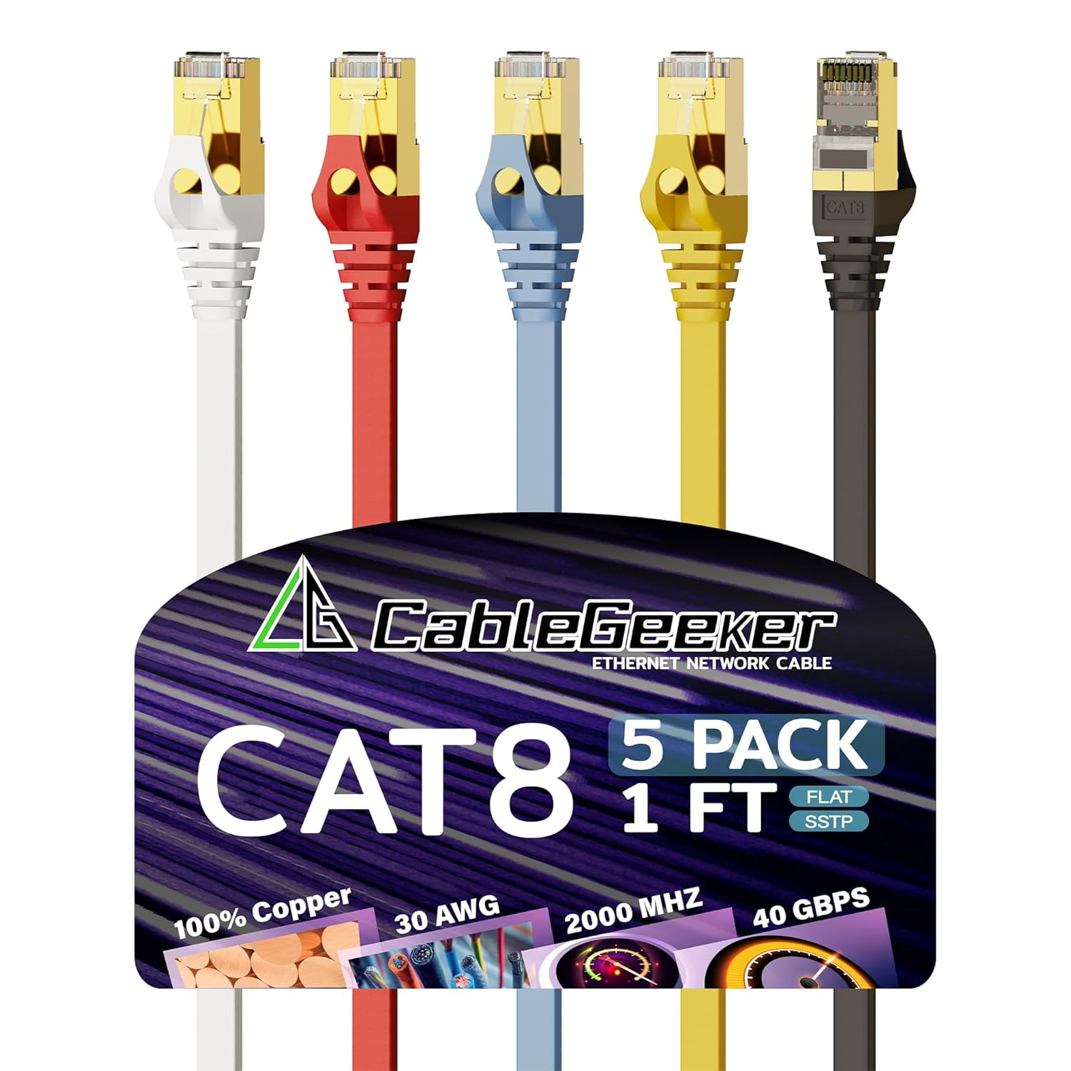 Cat 8 Ethernet Cable 1Ft 5 Pack Multi Color, 40Gbps 2000Mhz High Speed ...