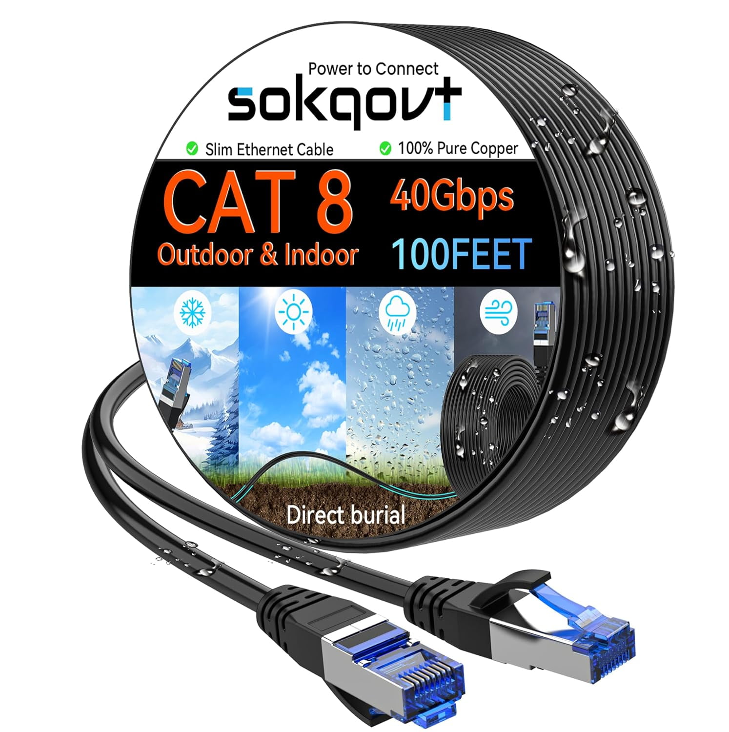 Cat 8 Ethernet Cable Slim 100ft Outdoor&Indoor, Pure Copper Cat8 ...