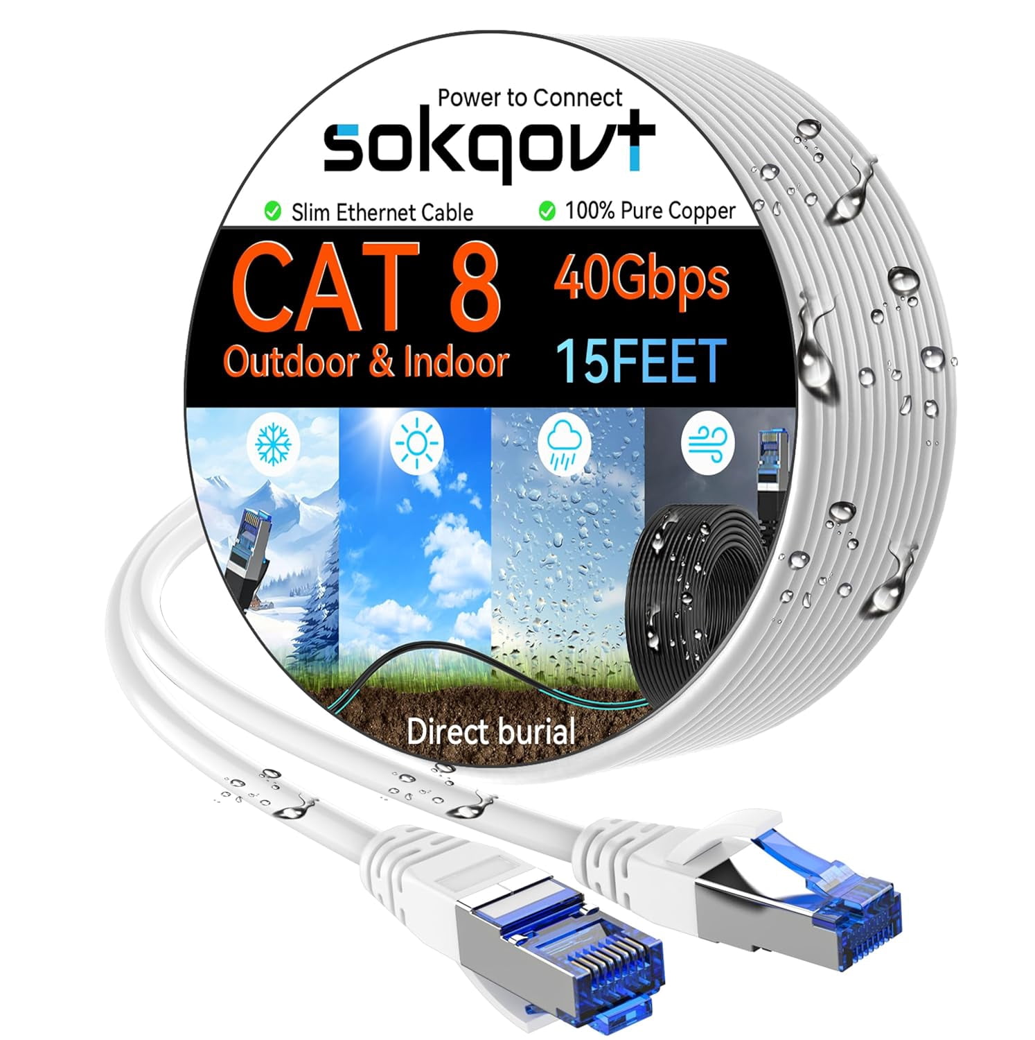 Cat 8 Ethernet Cable Slim 15ft Outdoor&Indoor, Pure Copper Cat8 ...