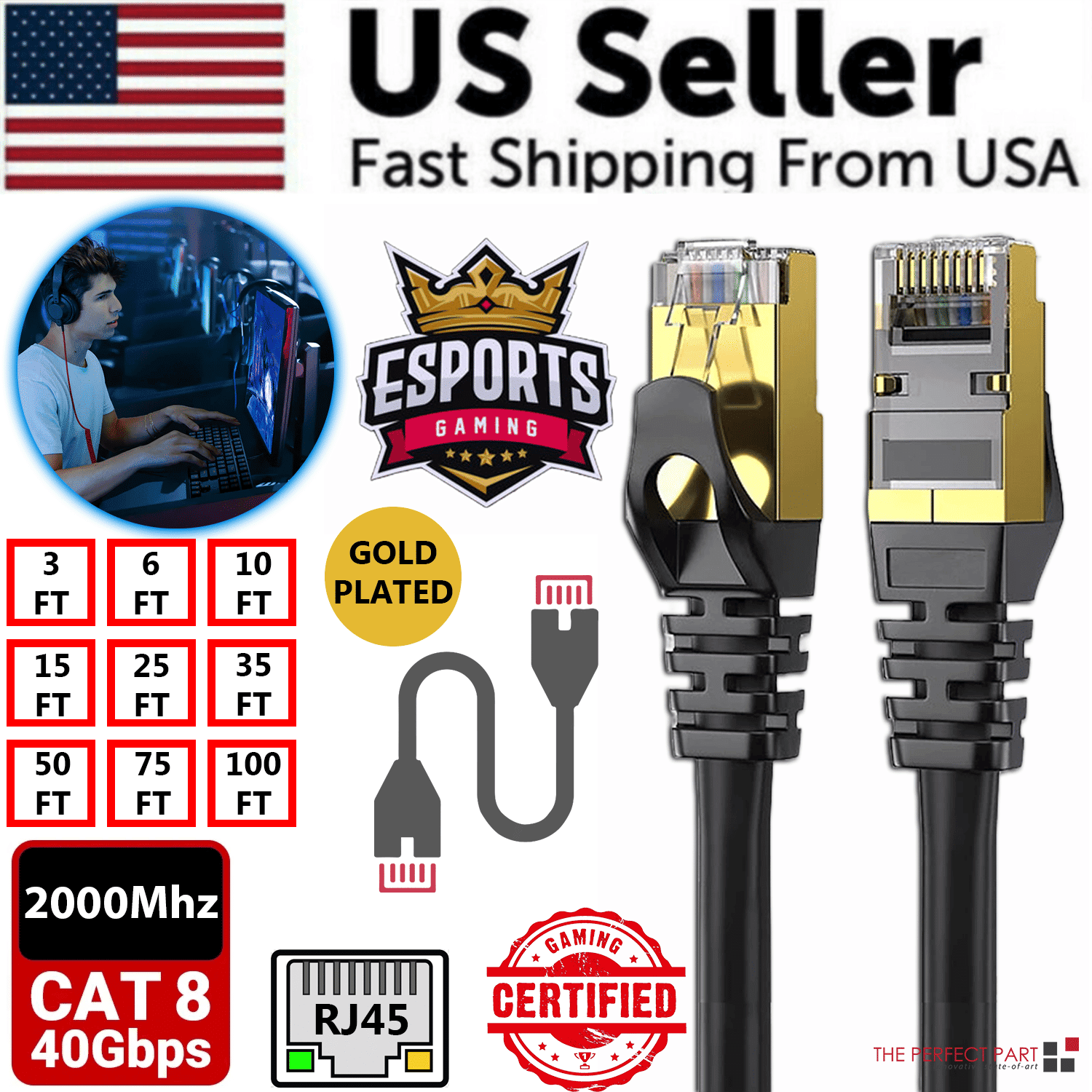 Cat 8 Ethernet RJ45 Cable Super Speed 40Gbps Patch LAN Network Gold ...