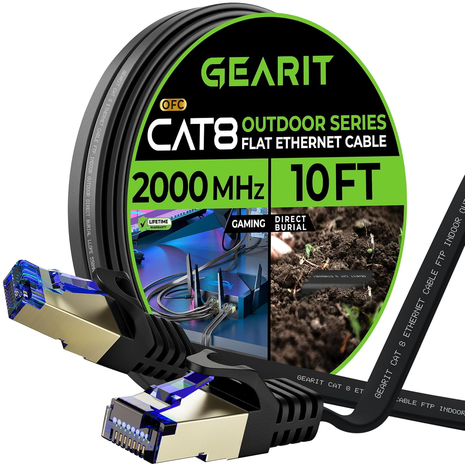 Cat 8 Outdoor Flat Ethernet Cable (10Ft, Black) Direct Burial Rated ...