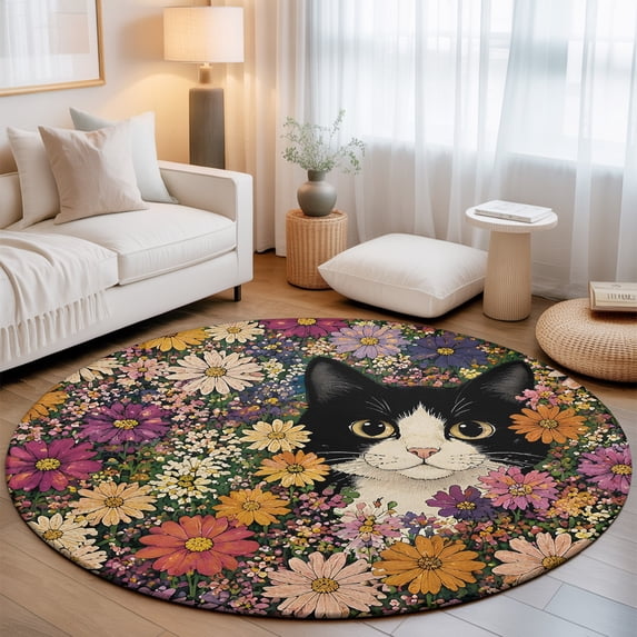 Cat 8' Round Rug for Open Concept Living Room Seating Zone, Sunflowers ...