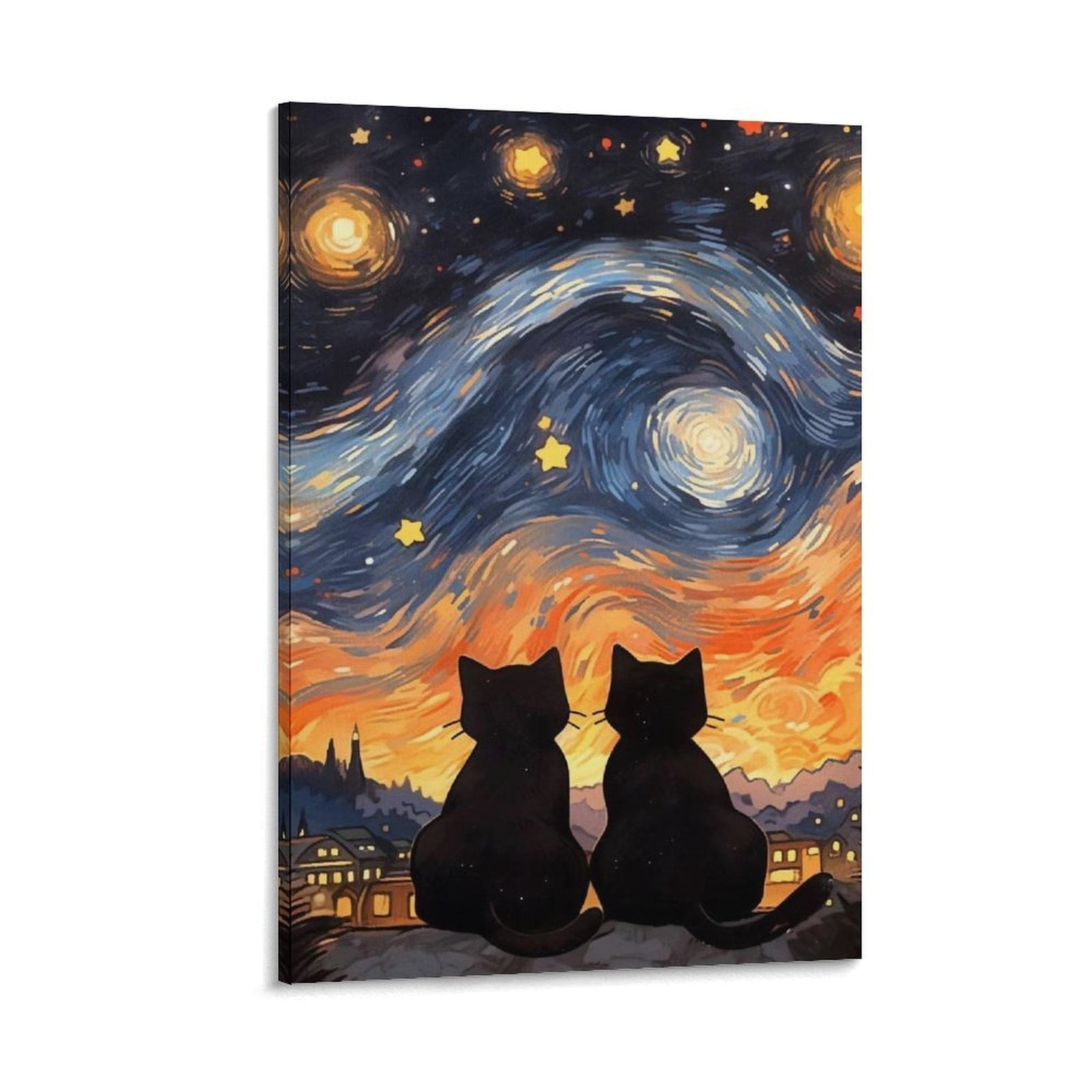 Cat Abstract Wall Art Black Cats Under The Stars Couple Canvas Painting ...