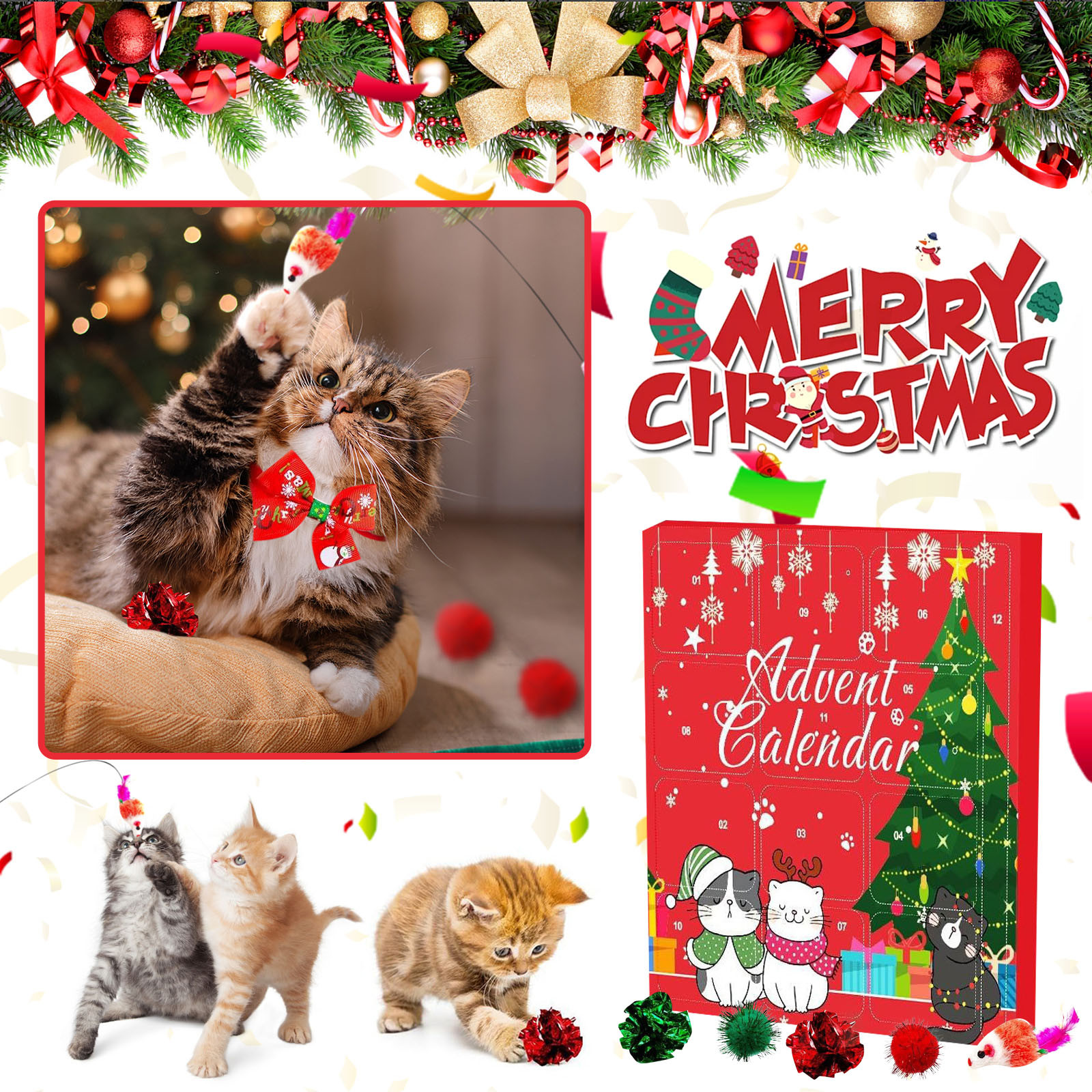 Cat Advent Calendar 2024 with 24 Days of Interactive Toys, Festive ...