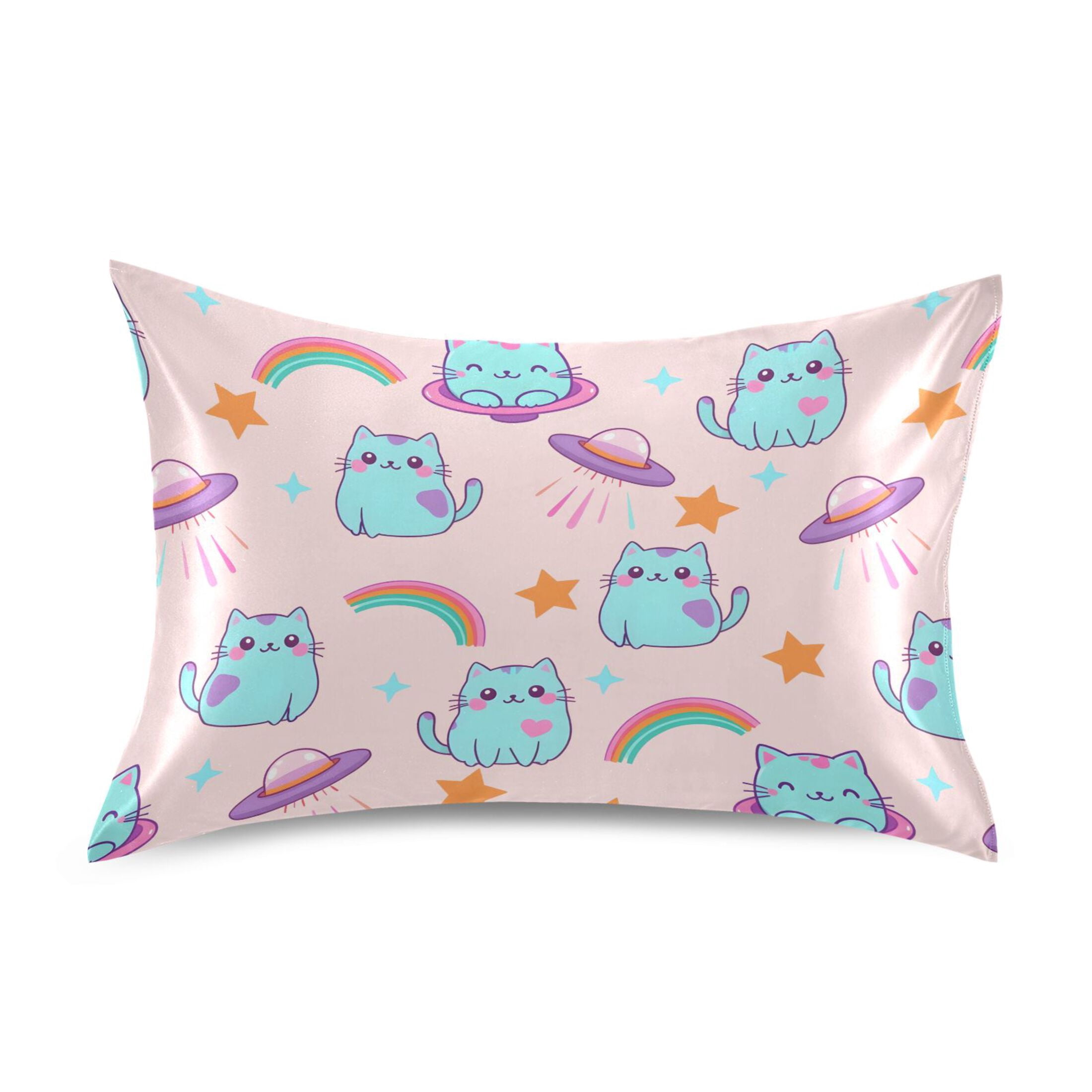 Cat Alien Spaceship Pentagram Rainbow Pattern King Size Satin ...