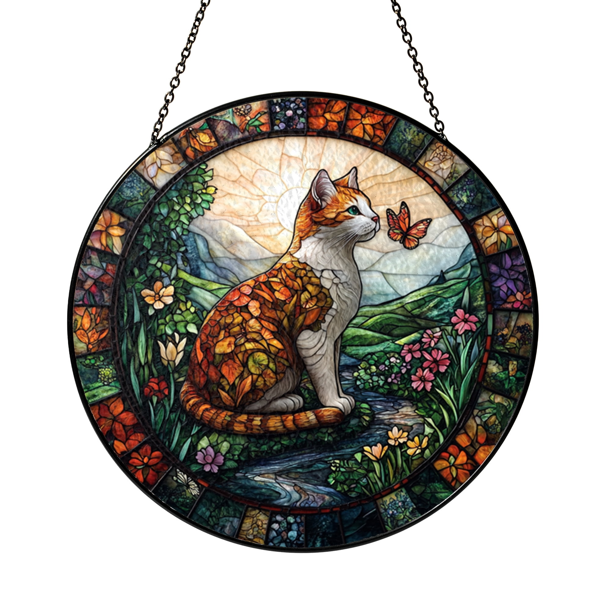 Cat And Butterfly Stained Glass Suncatcher – Floral Garden Window Decor ...