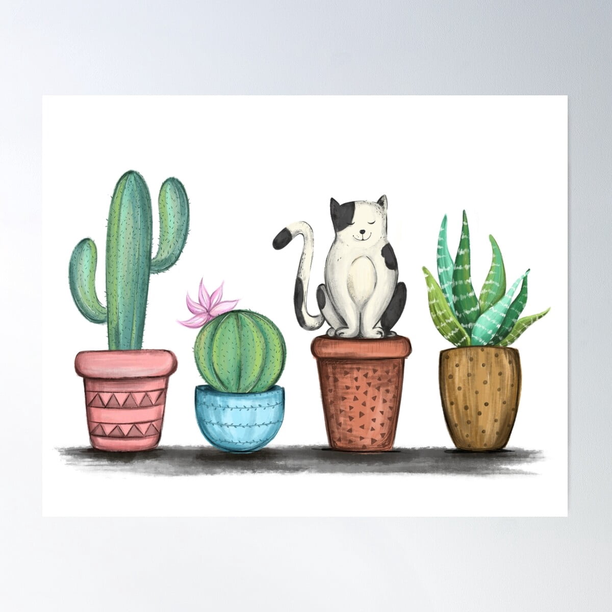 Cat And Cacti Illustration Poster Wall Art, Modern Wall Decor For ...