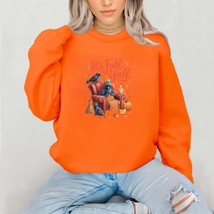 Cat And Crow Its Fall Yall Pumpkins Halloween Pullover Sweatshirt ...