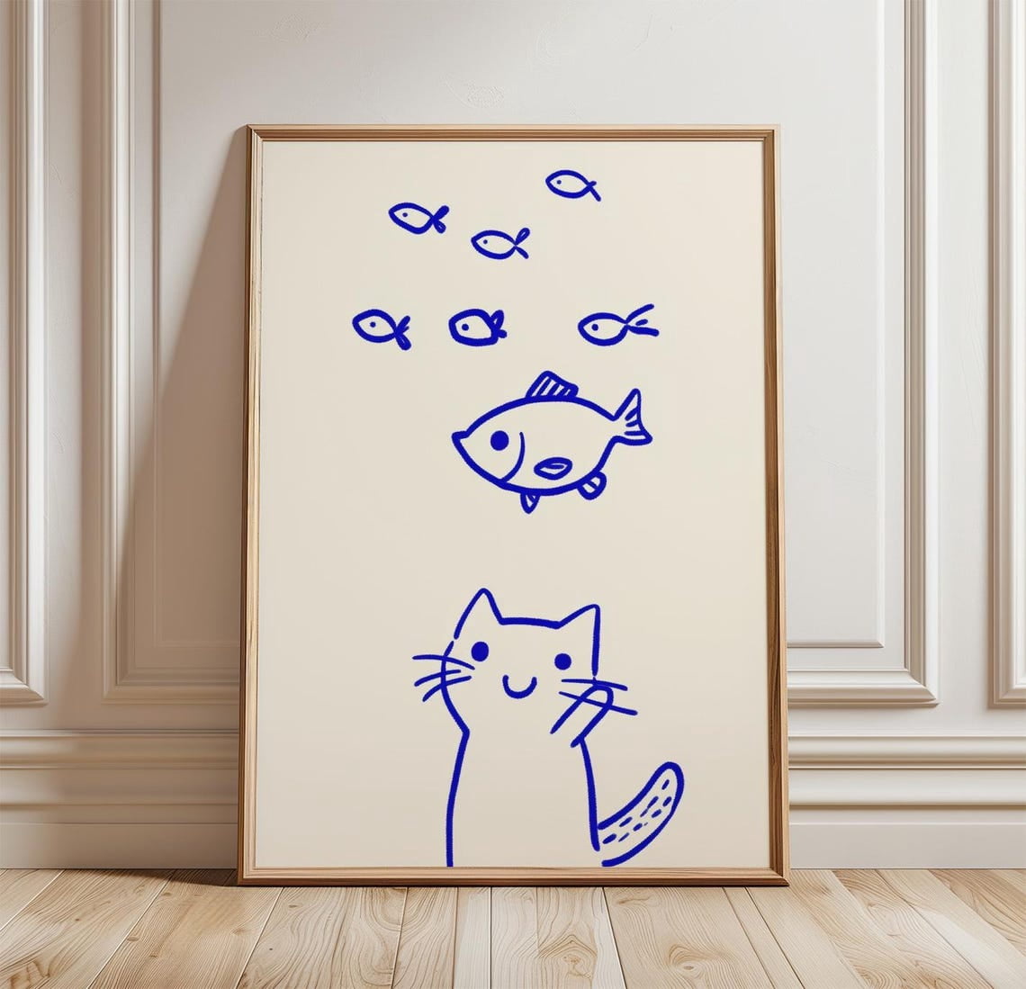 Cat And Fish Poster Blue Line Art Minimal Animal Wall Decor Art ...