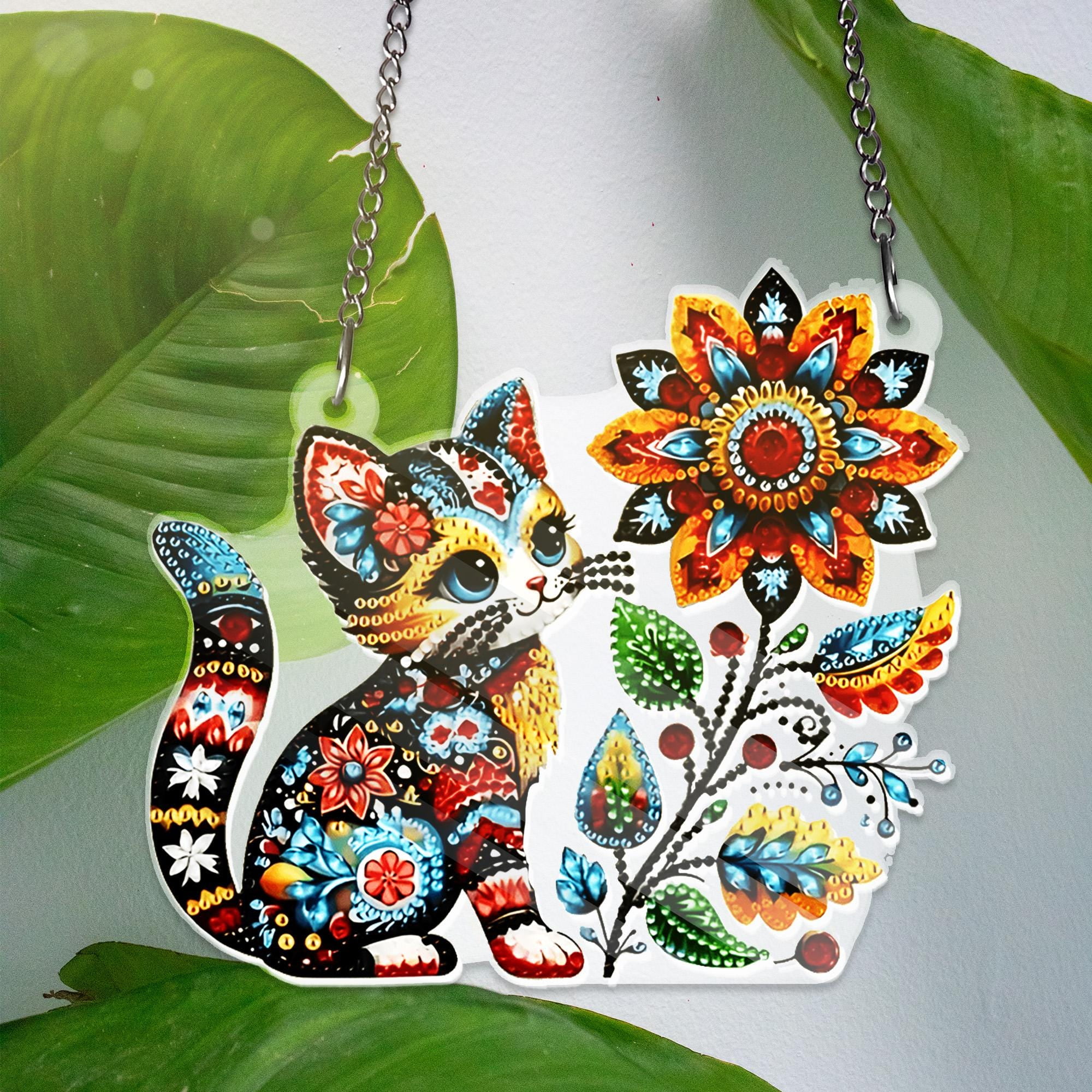 Cat And Flower Acrylic Suncatcher Window Hanging, Single-Sided UV ...