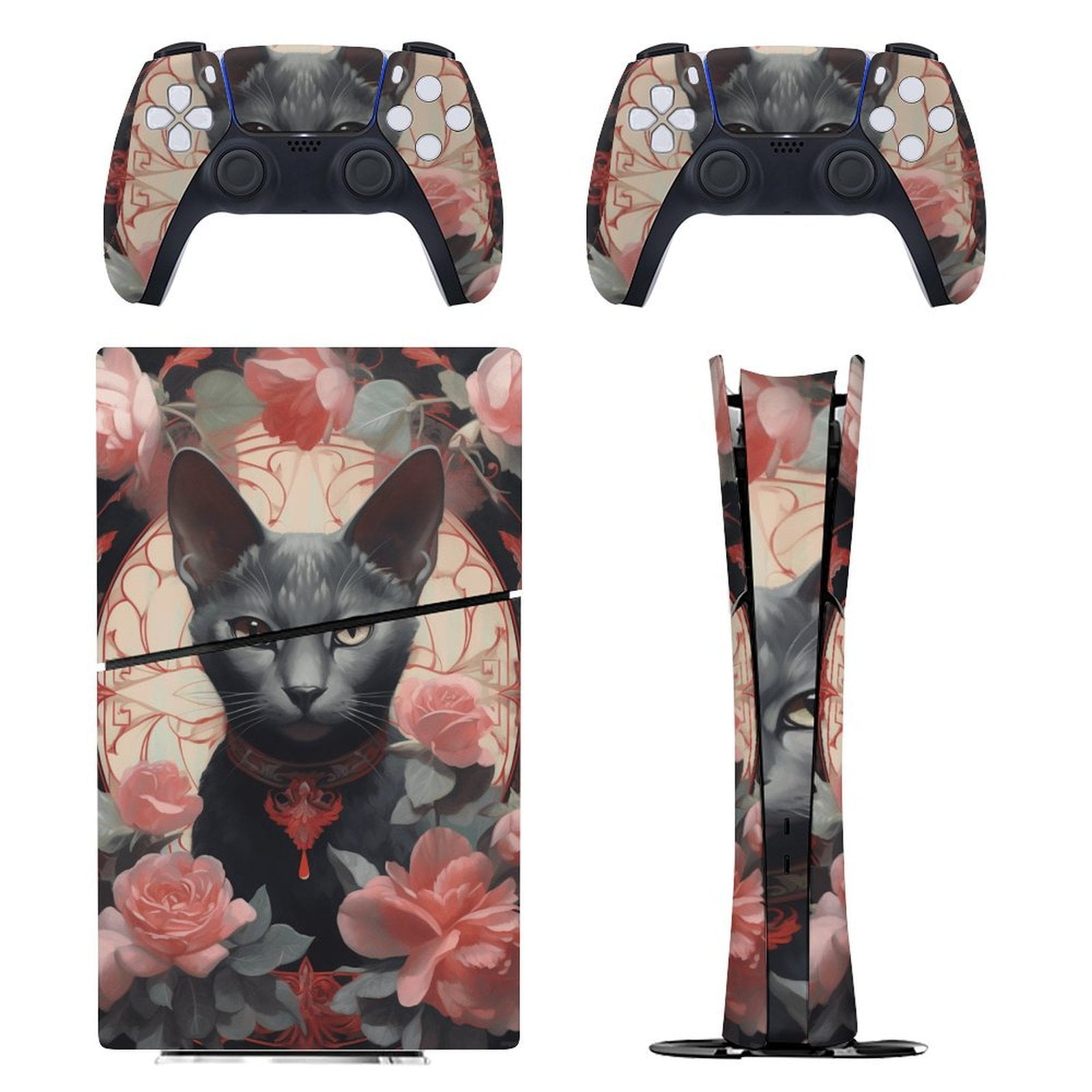 Cat And Roses Console Skin Bundle for PS5 Pro Slim Disc & Digital / PS4 – Full Wrap + Dual ...