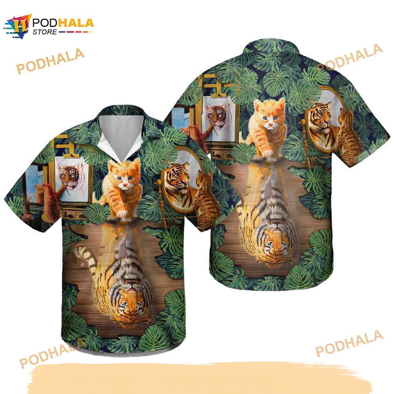Cat And Tiger Leaf Hawaiian Shirt - Walmart.com