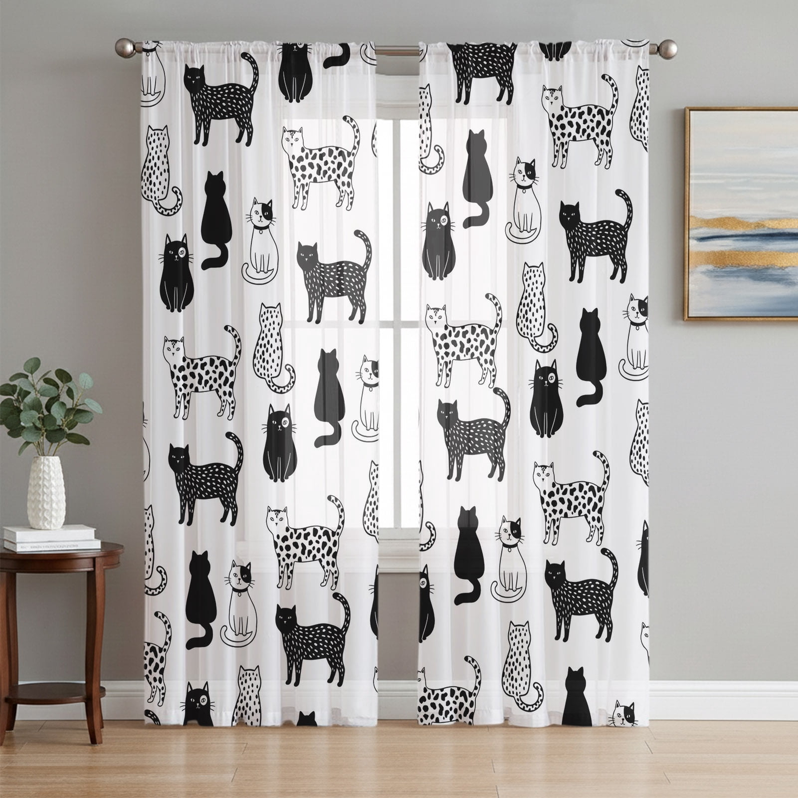 Cat Animal Sheer Curtains for Living Room Bedroom Black White Earthy ...
