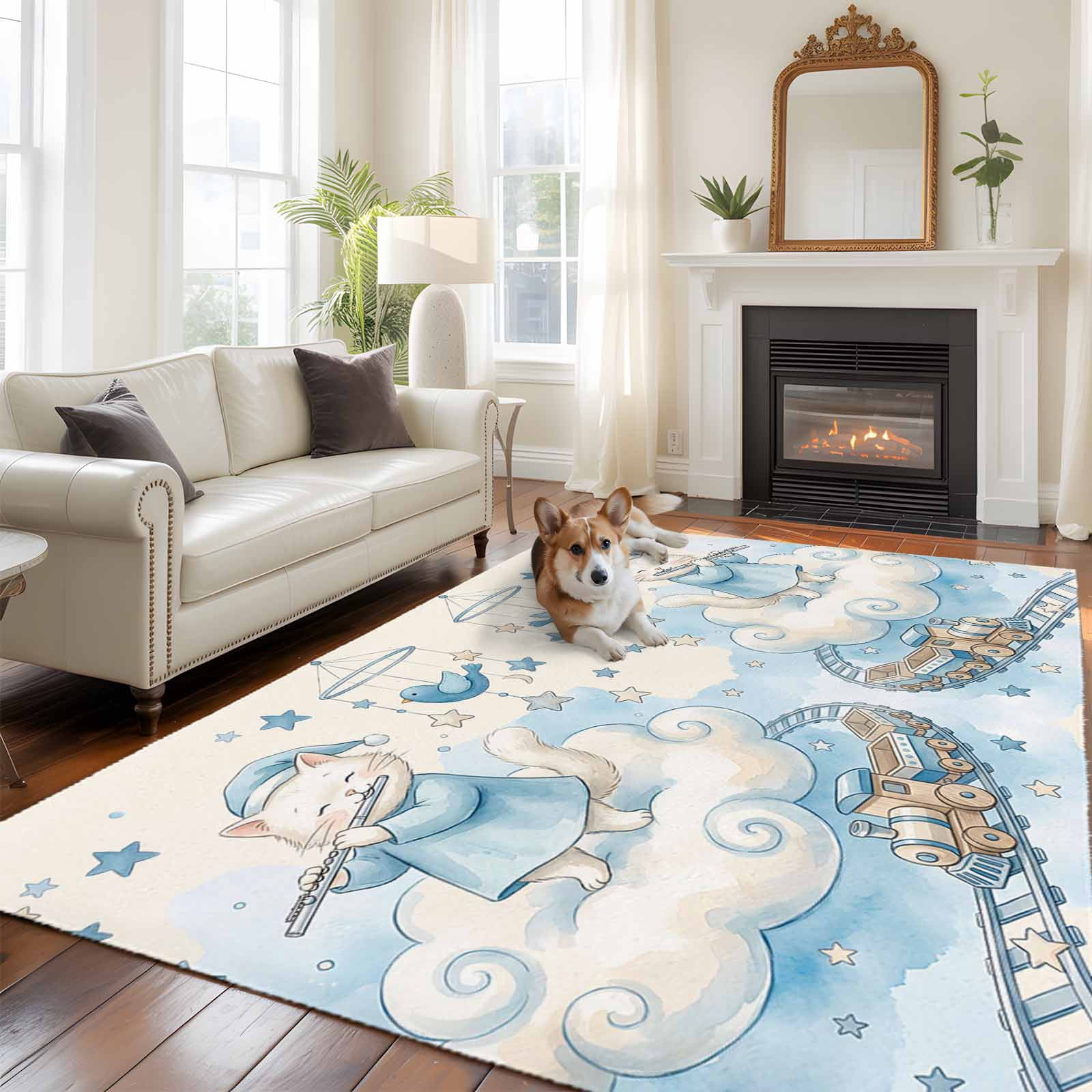 Cat Area Rugs 5x7 ft Cartoon Blue Hat Cat Cloud Train Track Bird Toys ...
