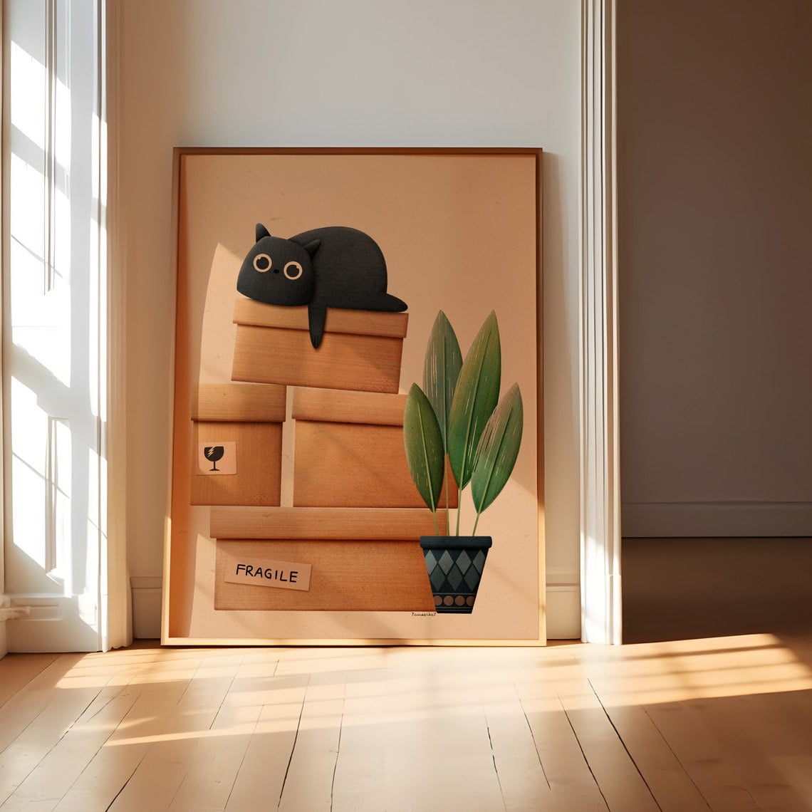 Cat Art Poster High Resolution Able Kitten Illustration Black And Plant ...