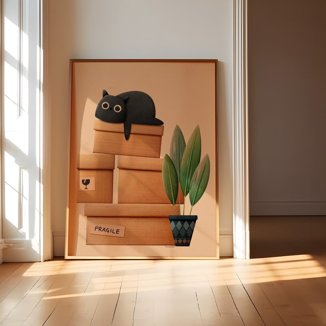 Cat Art Poster High Resolution Able Kitten Illustration Black And Plant ...