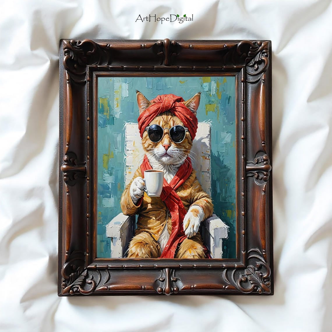 Cat Art Poster: Turban Cat Sipping Coffee, Unframed Canvas Size 8x12 ...