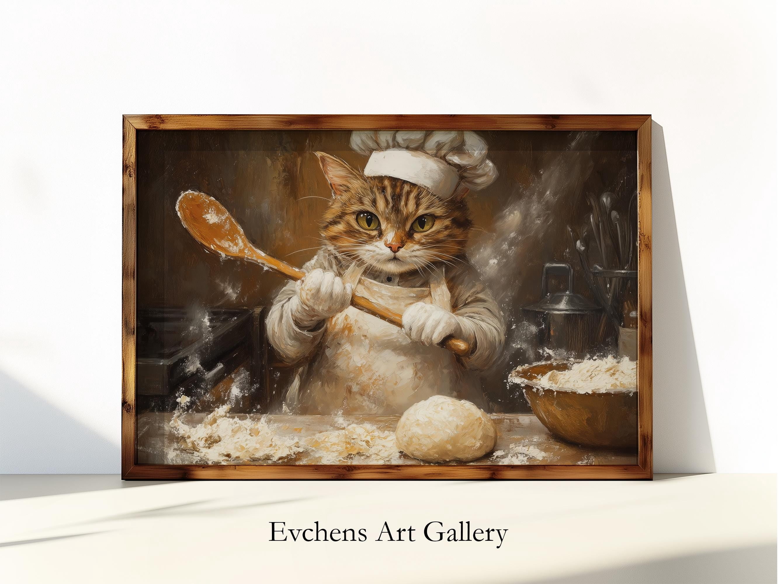 Cat As Baker Wall Art, Funny Kitchen Decor, Animal Illustration For ...