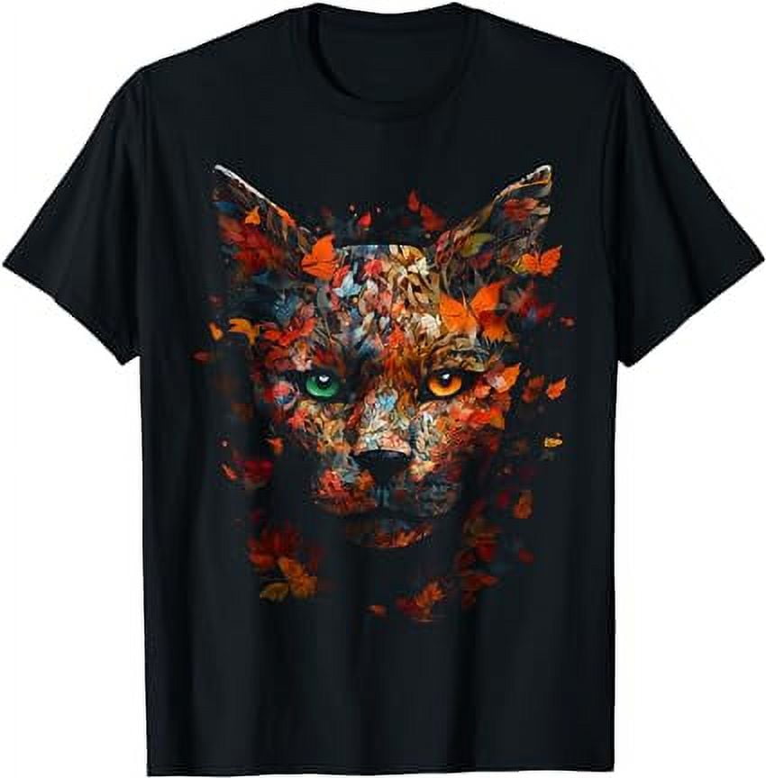 Cat Autumn Leaves Art - Colourful Eyes Cat Motif T-Shirt - Walmart.com