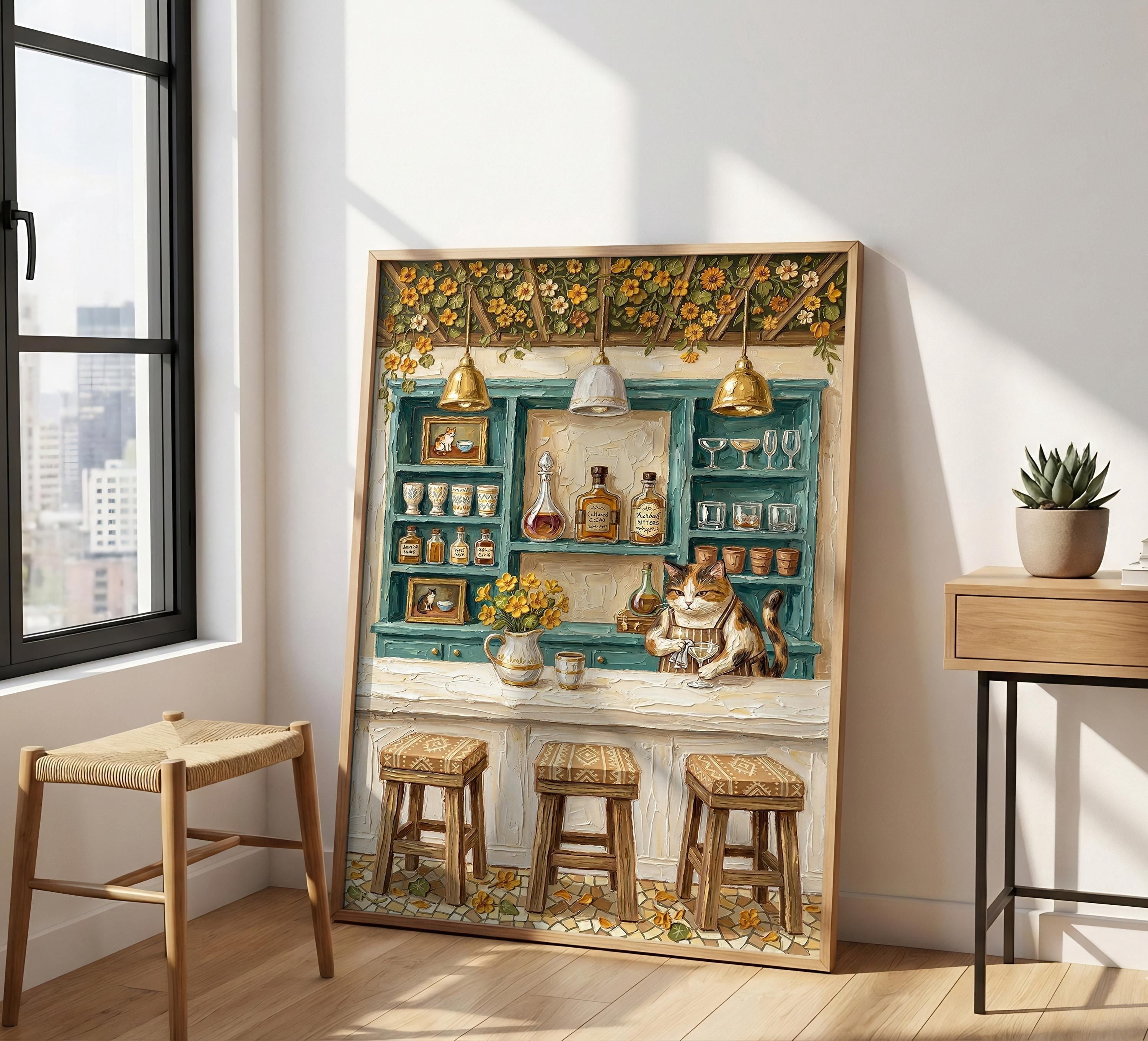 Cat Bartender Print, Impasto Bar Wall Art, French Cafe Cat Art, Cozy ...