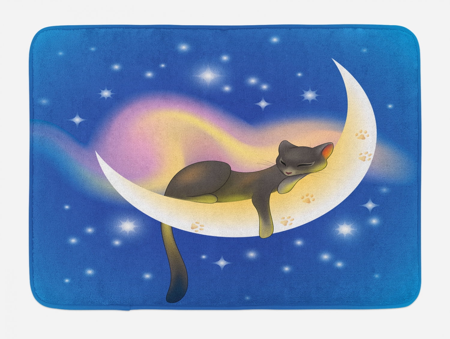 Cat Bath Mat, Cat Sleeping on Crescent Moon Stars Night Sweet Dreams ...