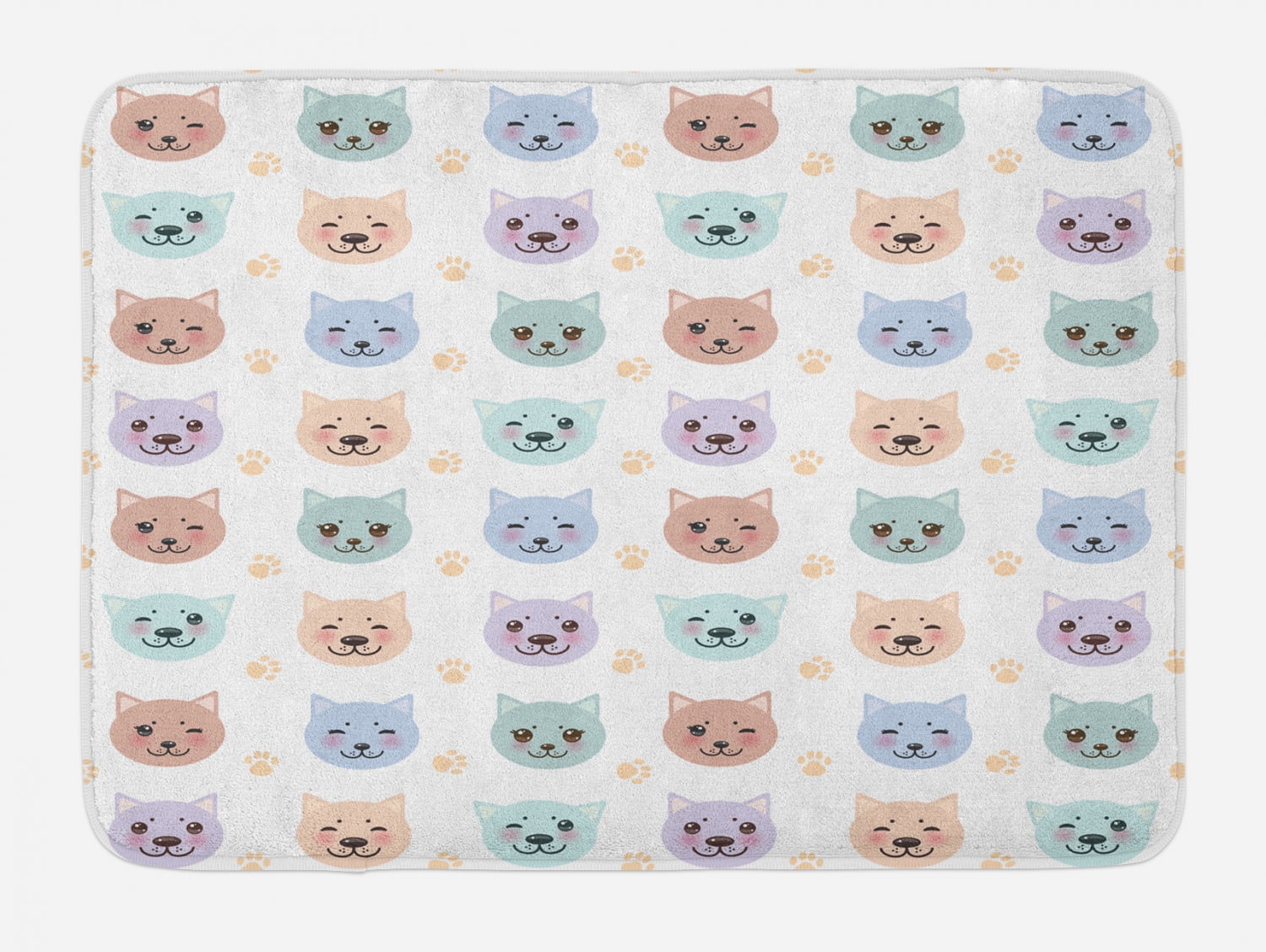 Cat Bath Mat, Smiley Cat Muzzle and Paw Prints Pattern on Cartoon ...