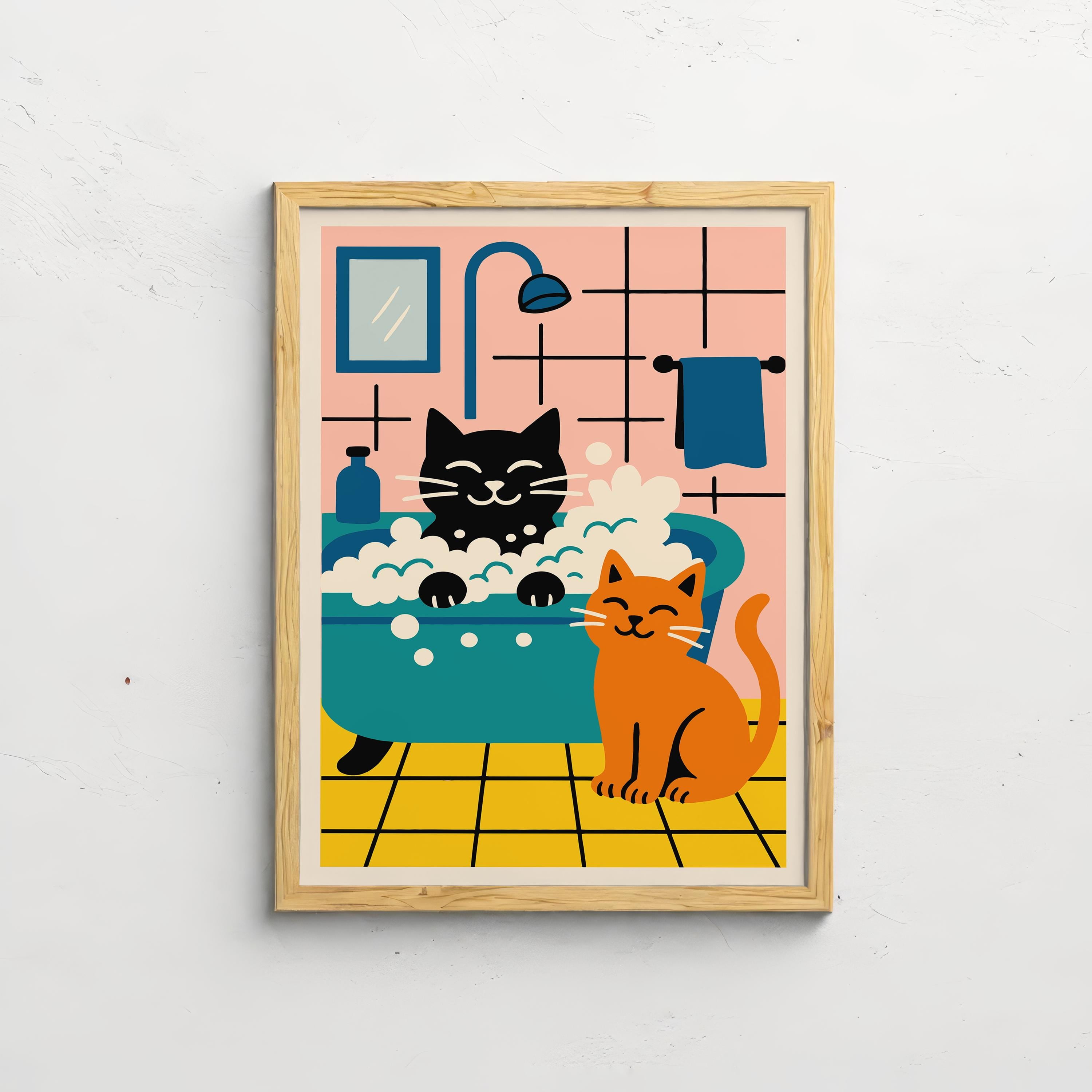 Cat Bath Time Art Print: Whimsical Feline Bathroom Decor UNFRAMED ...