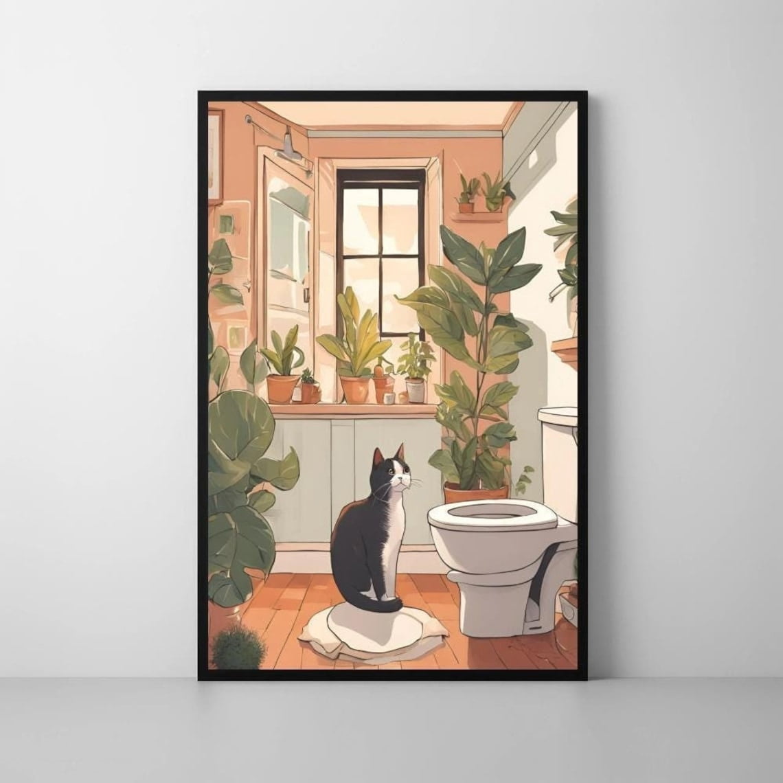 Cat Bathroom Poster Cozy And Plants Wall Art Poster, Stretched Canvas ...