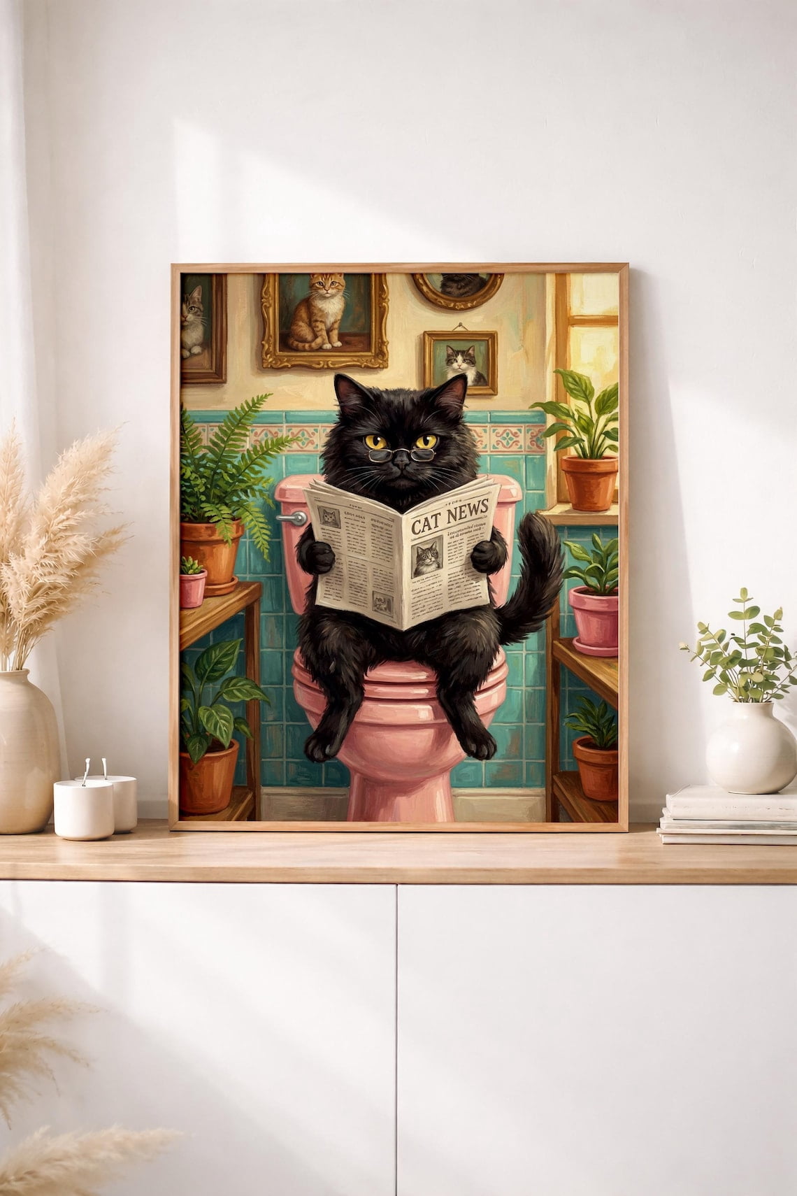 Cat Bathroom Wall Art, Cat On Toilet Poster, Unframed Paper Poster ...