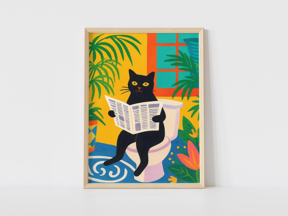 Cat Bathroom Whimsical Cat Reading Newspaper Colorful Modern Poster ...