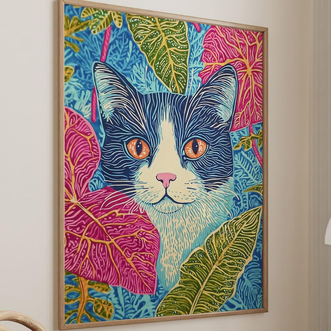 Cat In Batik Leaves Maximalist Eclectic Animal Portrait Print Funky ...