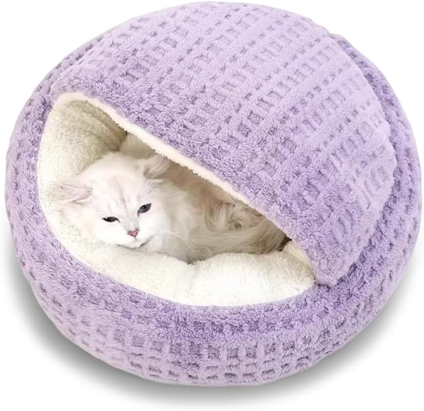 Cat Bed Hooded for Indoor Plush Semi Enclosed Shell Shaped Pet Nest ...