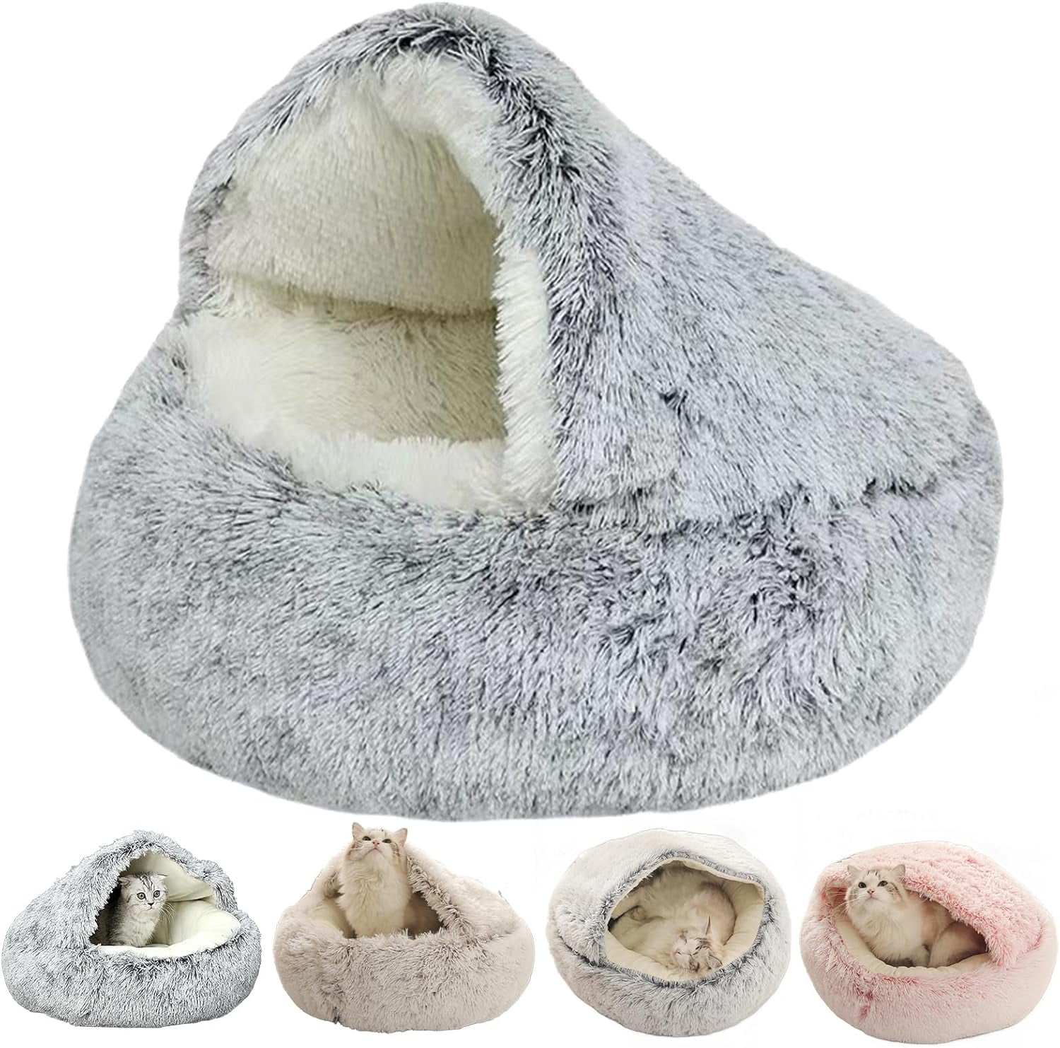 Cat Bed Round Plush Fluffy Hooded Calming Cat Bed Cave, Cat Bed with ...