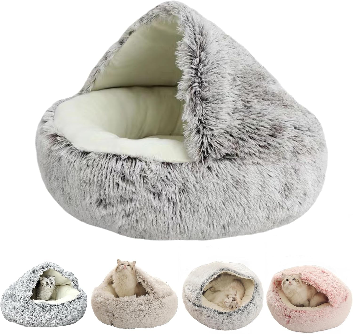 Cat Bed Round Plush Fluffy Hooded Calming Cat Bed Cave, Cat Bed with ...