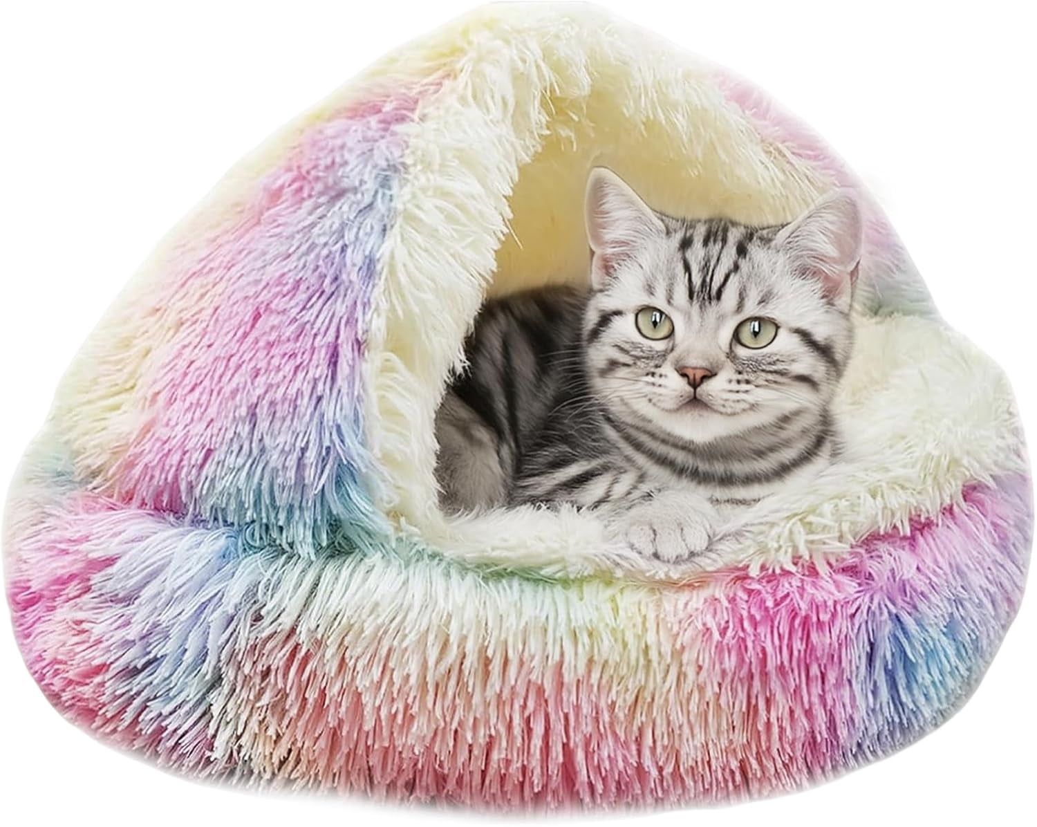 Cat Bed Round Plush Fluffy Hooded Cat Bed Cave, Cozy for Indoor Cats or ...